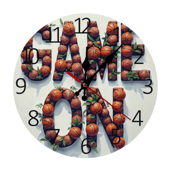 Basketball-Themed "GAME ON" Wall Clock - Silent Artificial Wood Round ...