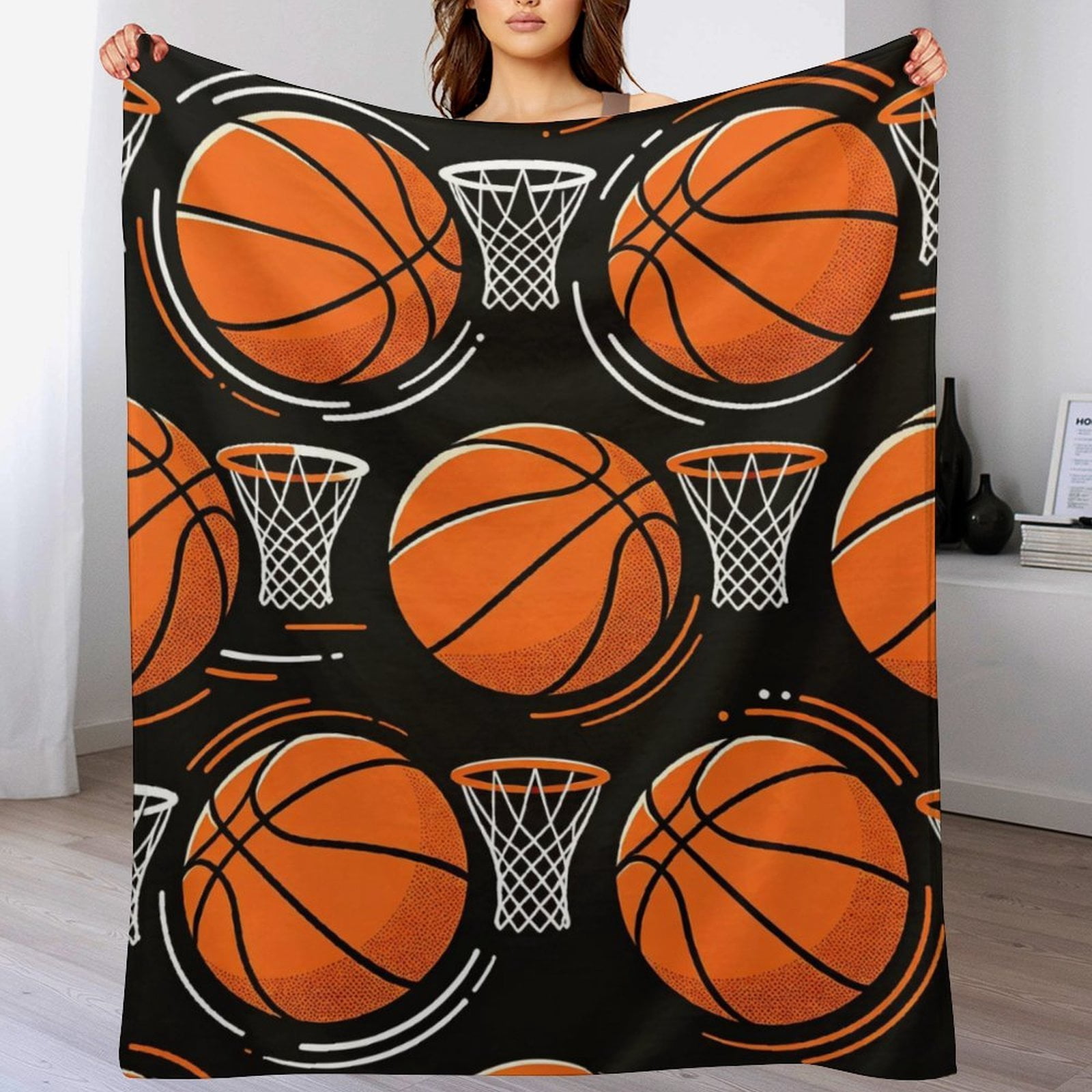Basketball Throw Blanket Orange Basketball Hoop Print Soft Cozy Flannel ...