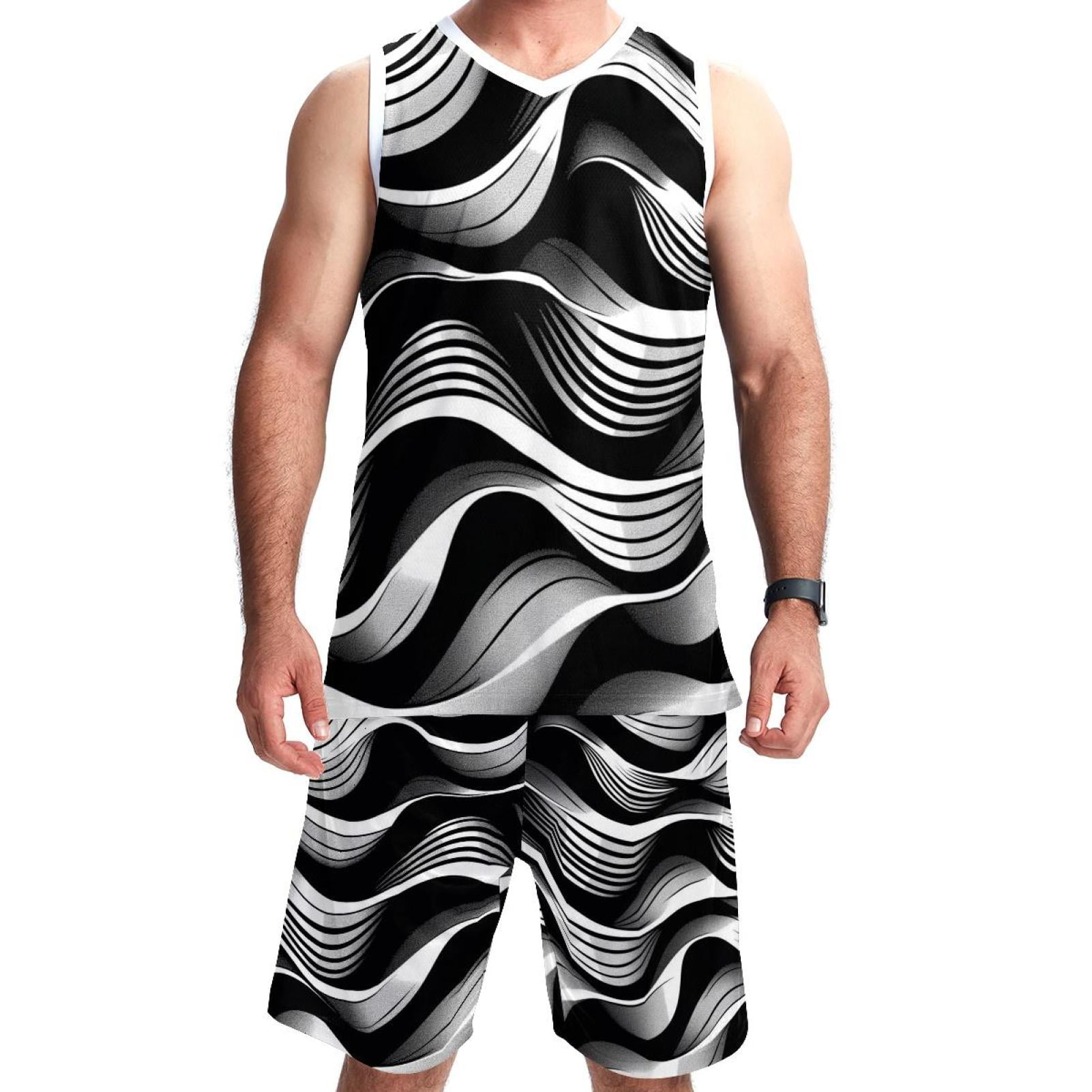 Basketball Uniform Sets with Pockets, Art Black Geometric Wave Team ...