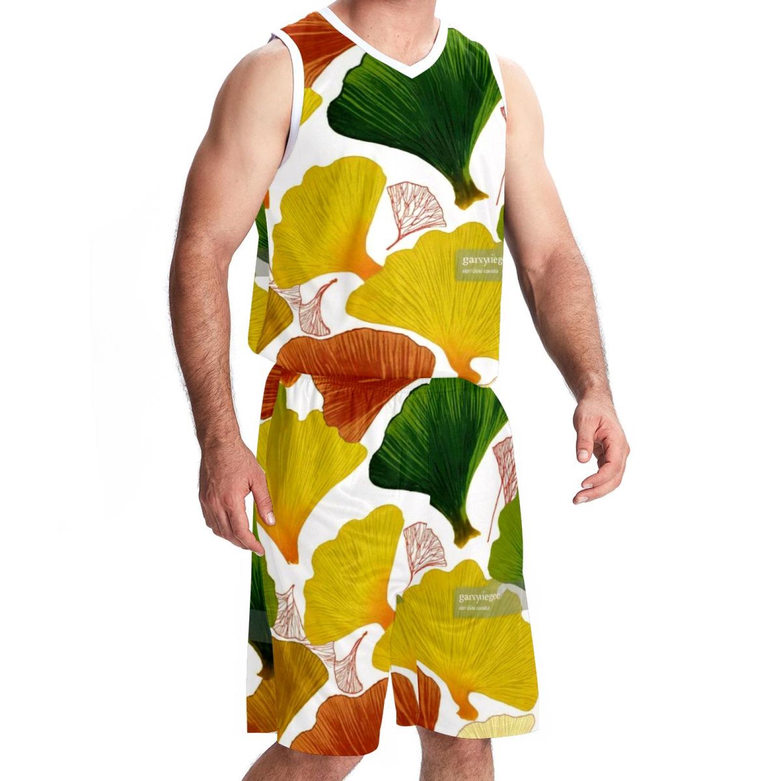 Basketball Uniform Sets with Pockets, Art Colorful Ginkgo Leaf Team ...