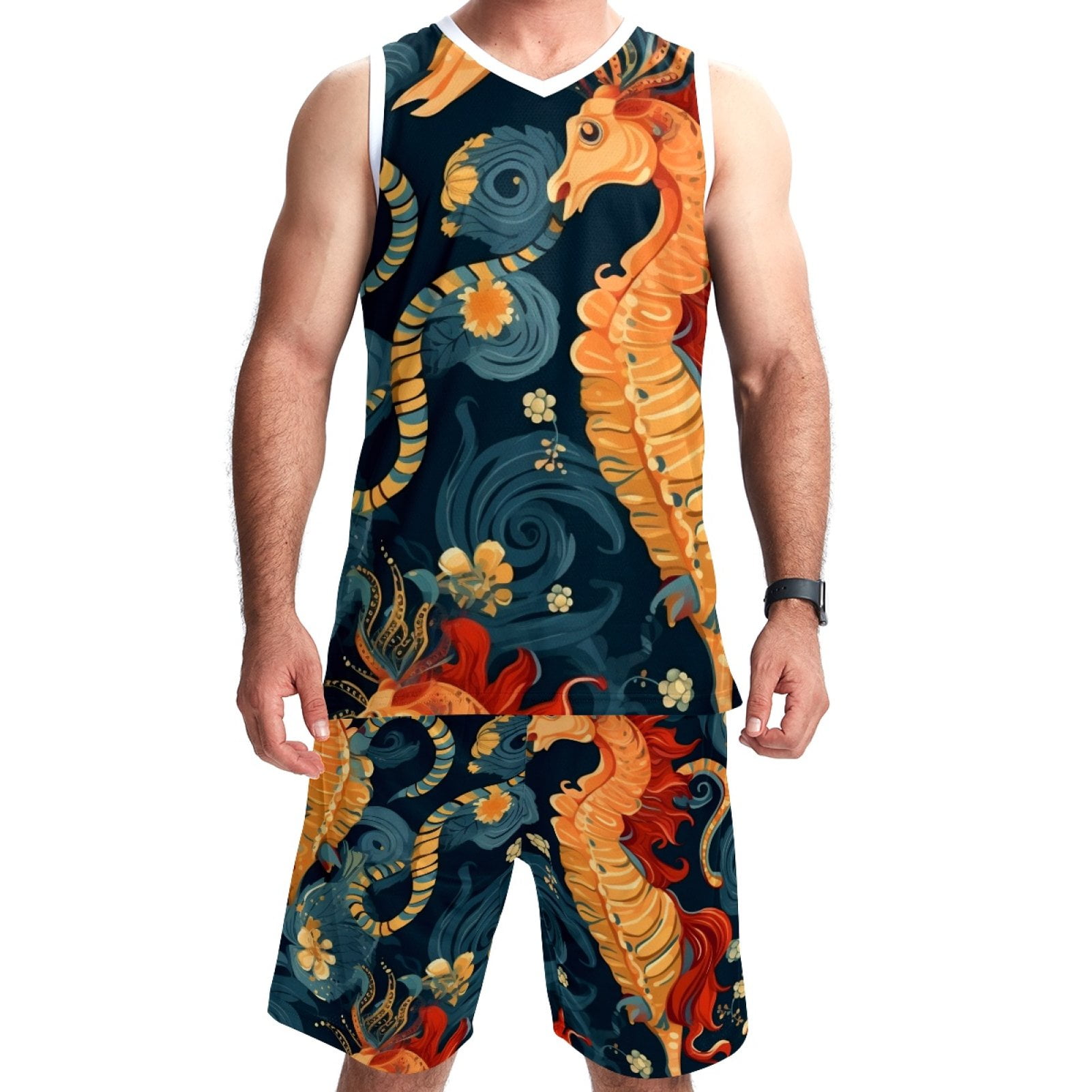 Basketball Uniform Sets with Pockets, Art Colorful Seahorse Team Custom ...