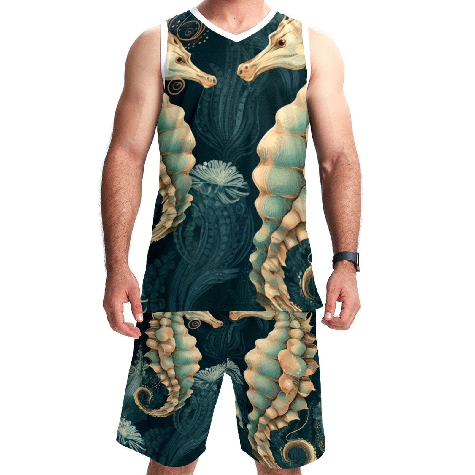 Basketball Uniform Sets with Pockets, Art Ocean Seahorse Team Custom ...