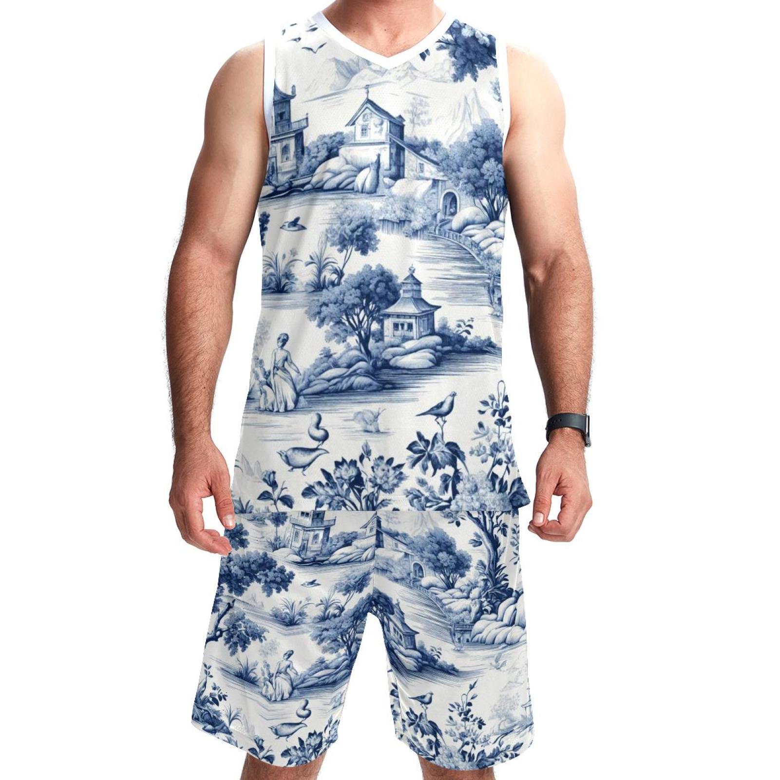 Basketball Uniform Sets with Pockets, Classic White Blue Toile Team ...