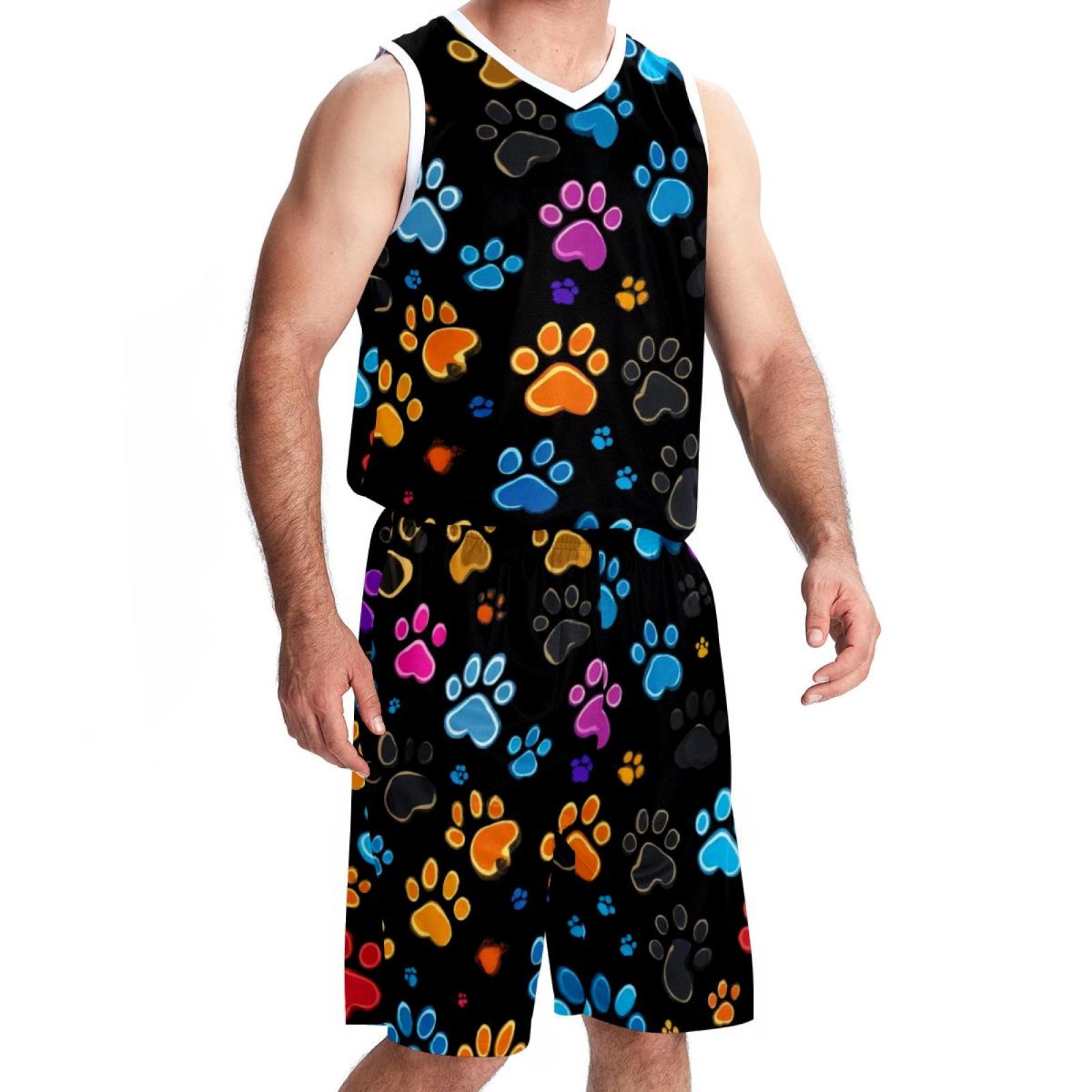 Basketball Uniform Sets with Pockets, Colorful Paw Prints Team Custom ...
