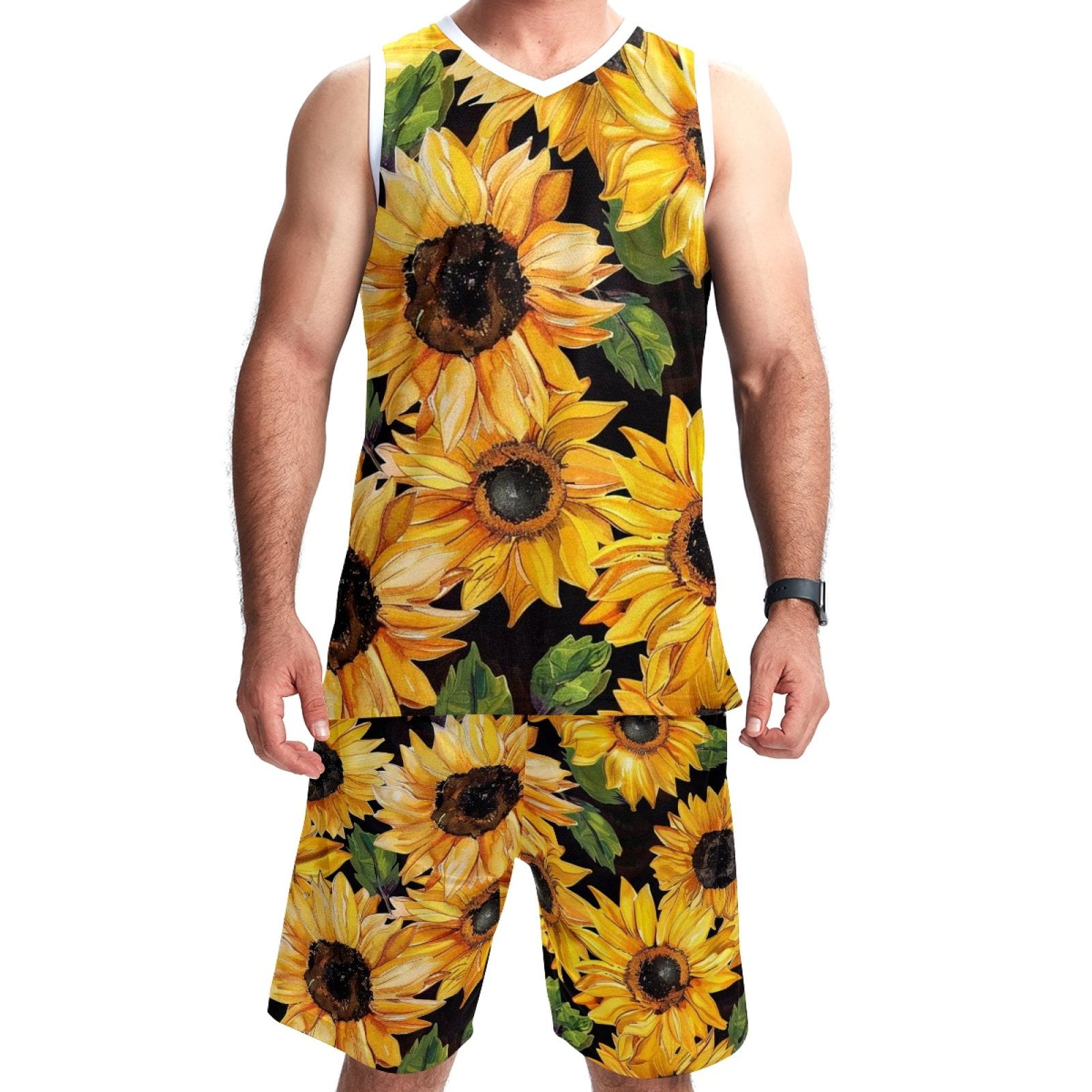 Basketball Uniform Sets with Pockets, Retro Yellow Sunflowers Team ...