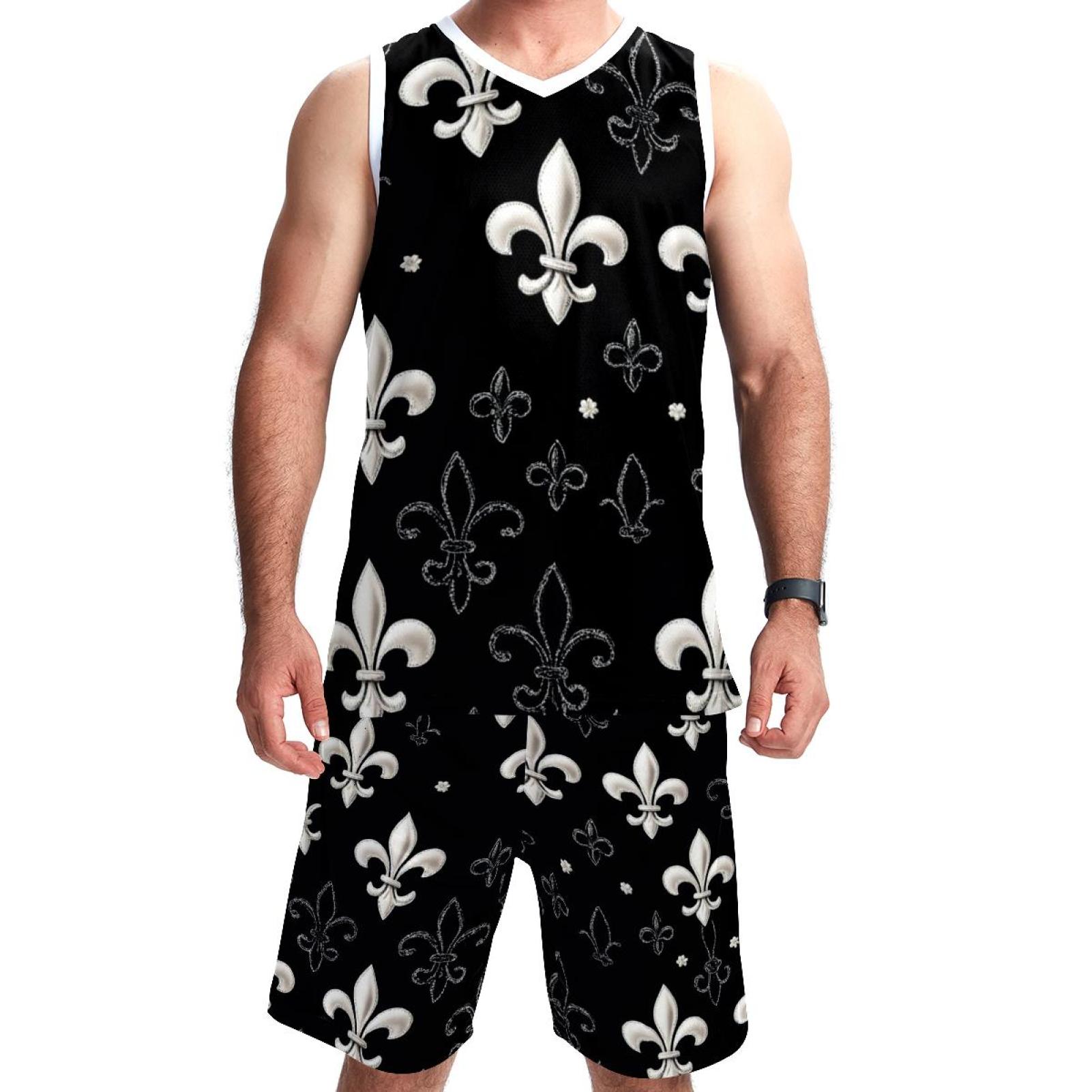 Basketball Uniform Sets with Pockets, Silver Black White Fleur De Lis ...