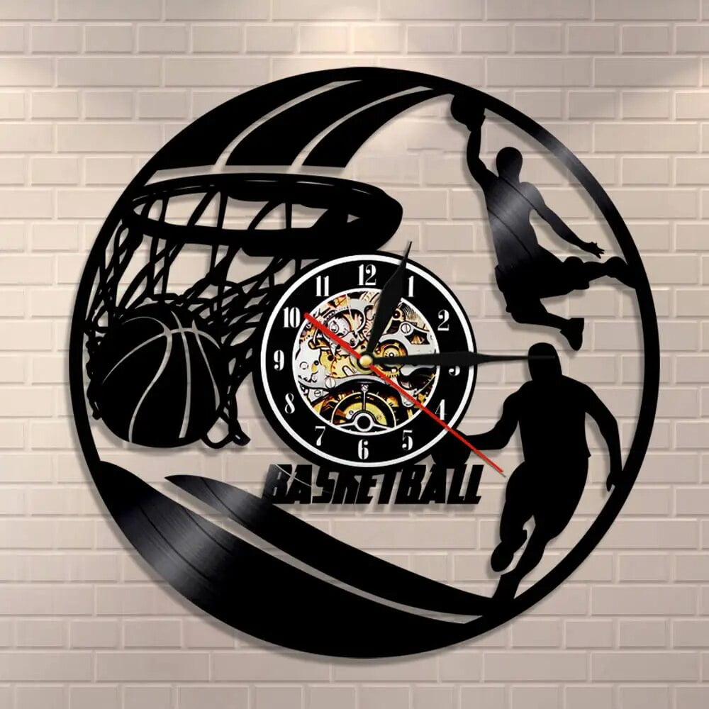Basketball Wall Clock Basketball Players Silhouette Wall Art Vinyl ...