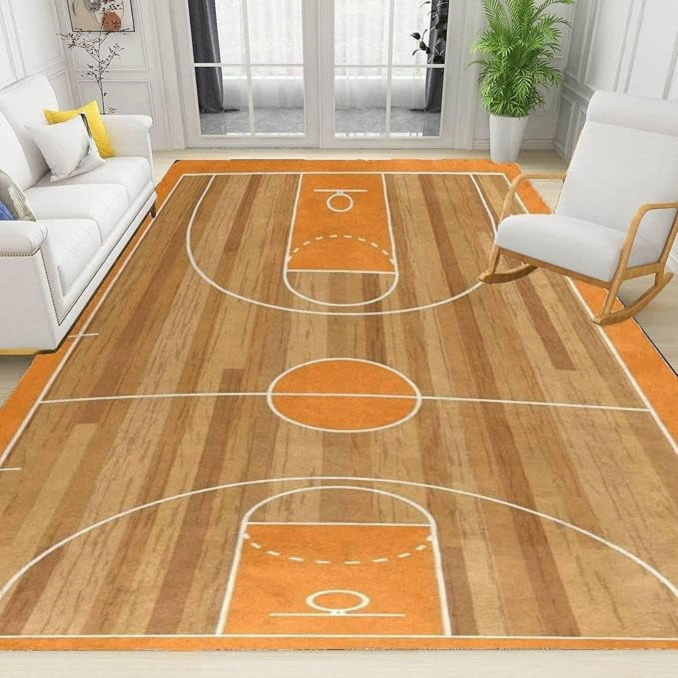 Basketball Wooden Court Floor Arena Area Rugs Orange Geometric ...