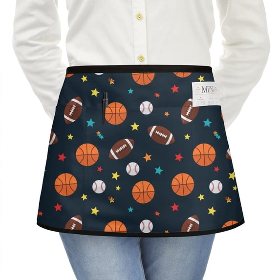 Basketball and Baseball Black Pattern Server Half Apron with Pockets,22 ...