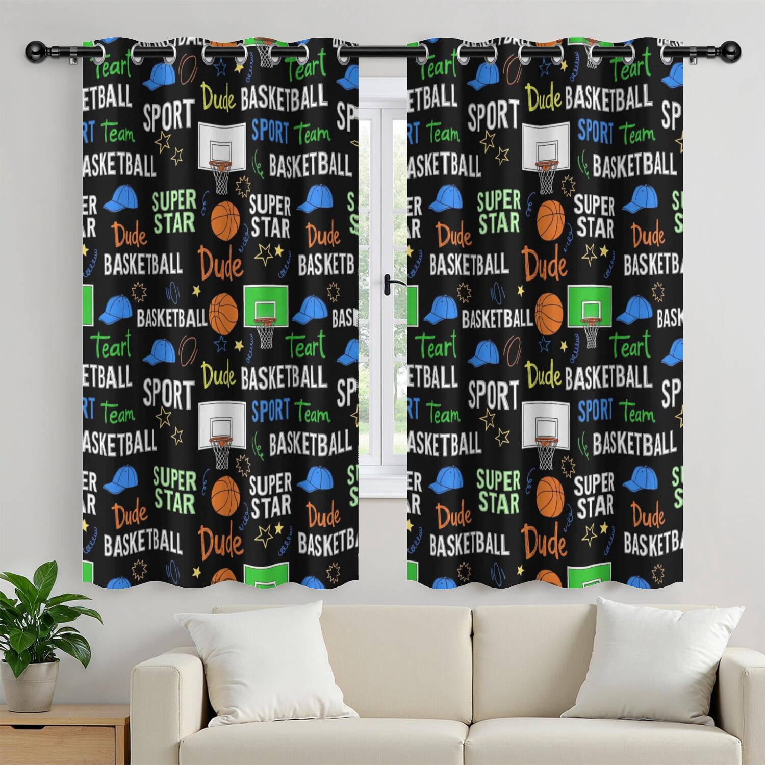 Basketball and Cap Black Pattern Blackout Curtains,Triple Weaved Fabric ...