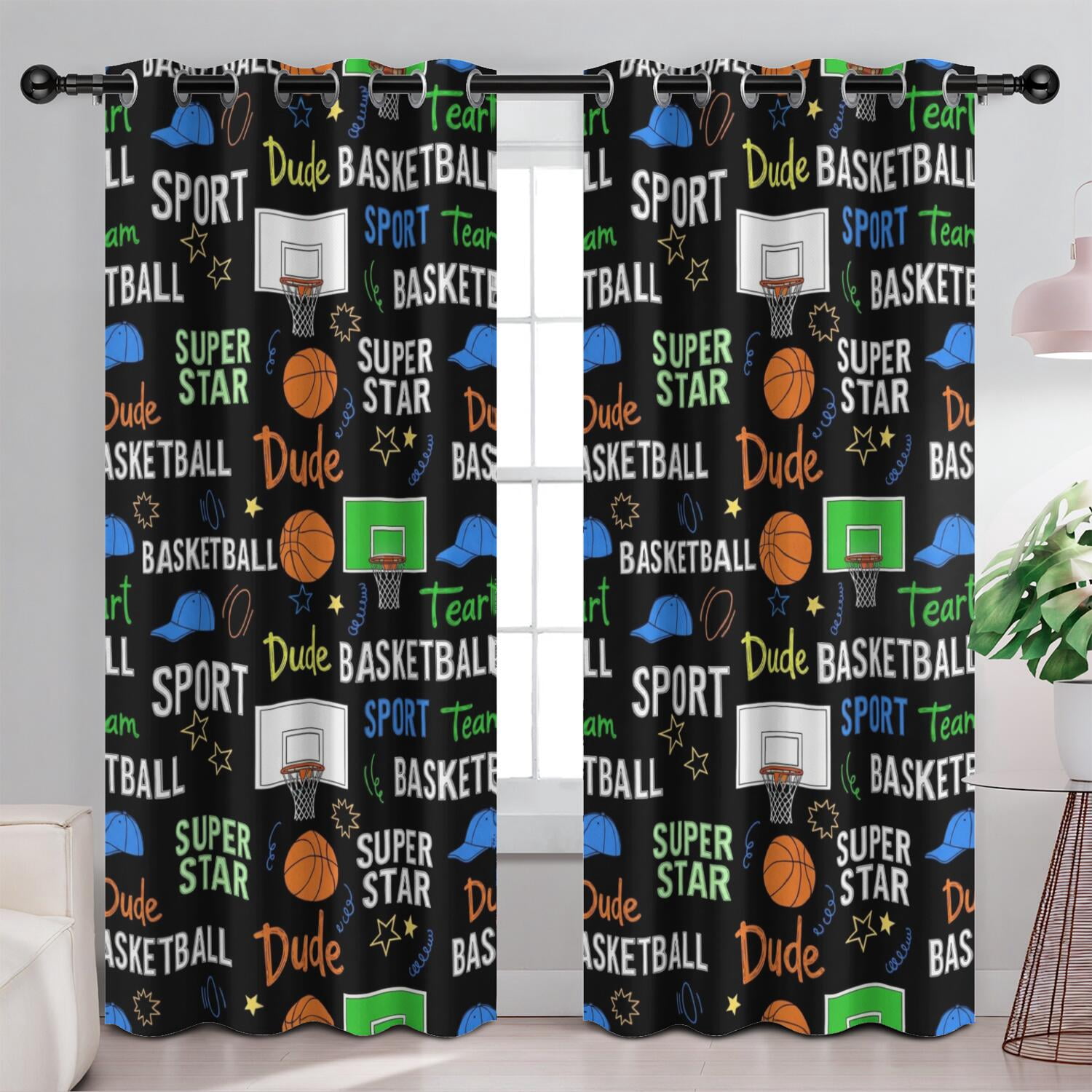 Basketball and Cap Black Pattern Blackout Curtains,Triple Weaved Fabric ...