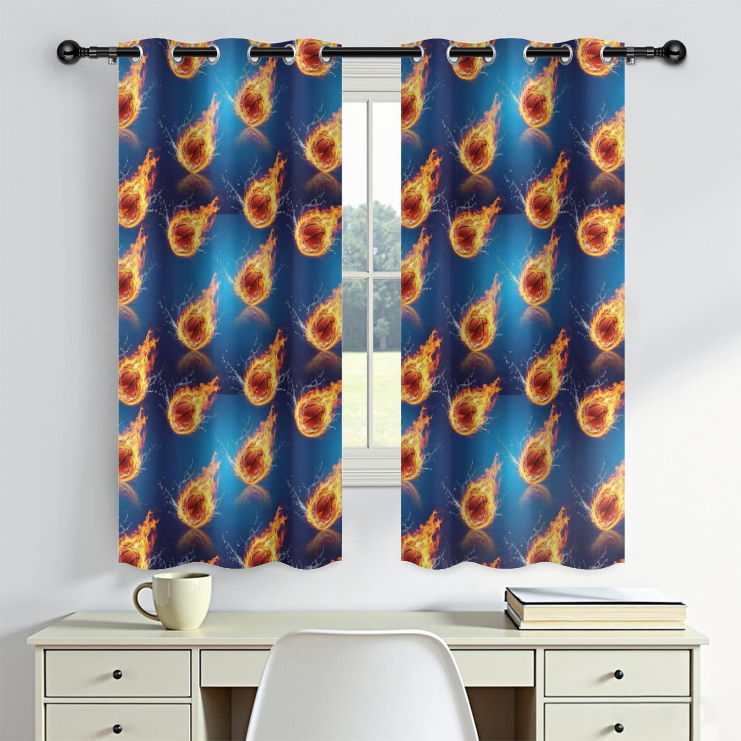 Basketball and Fire Blue Pattern Blackout Curtains,Triple Weaved Fabric ...
