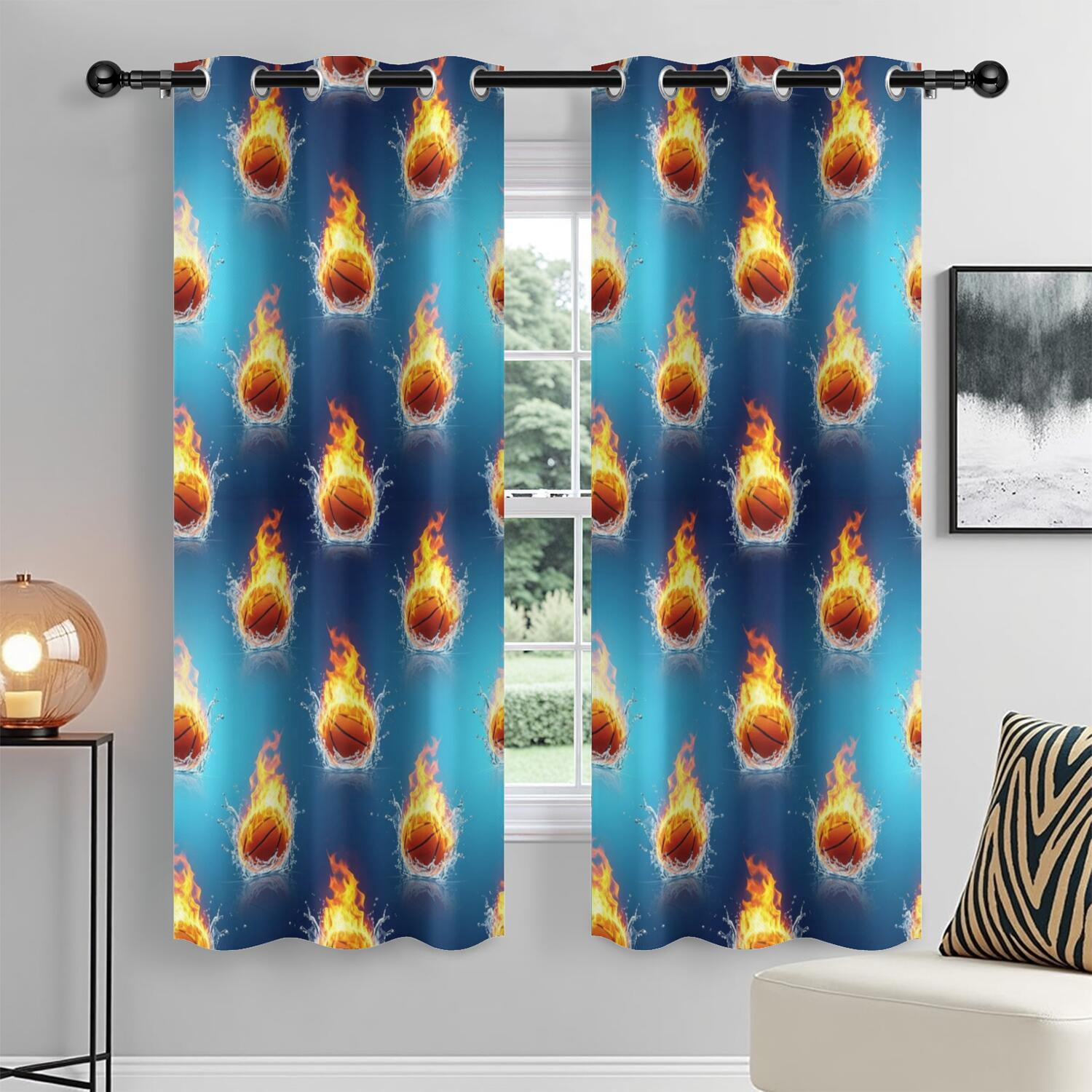 Basketball and Fire Blue Pattern Blackout Curtains,Triple Weaved Fabric ...