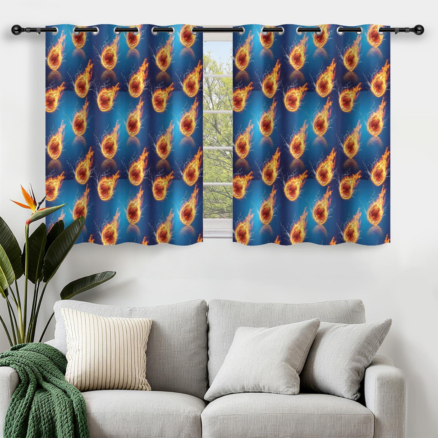 Basketball and Fire Blue Pattern Blackout Curtains,Triple Weaved Fabric ...