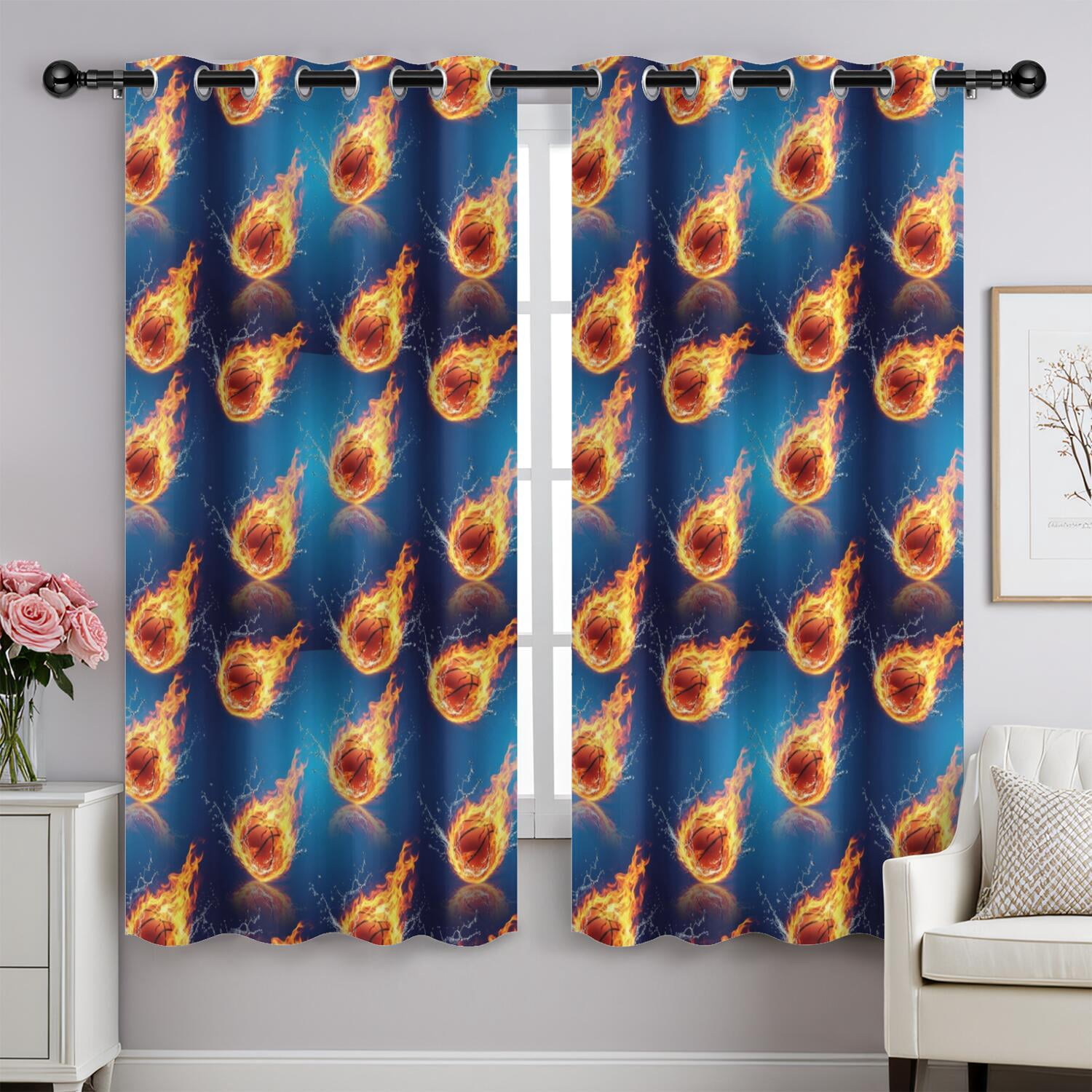 Basketball and Fire Blue Pattern Blackout Curtains,Triple Weaved Fabric ...