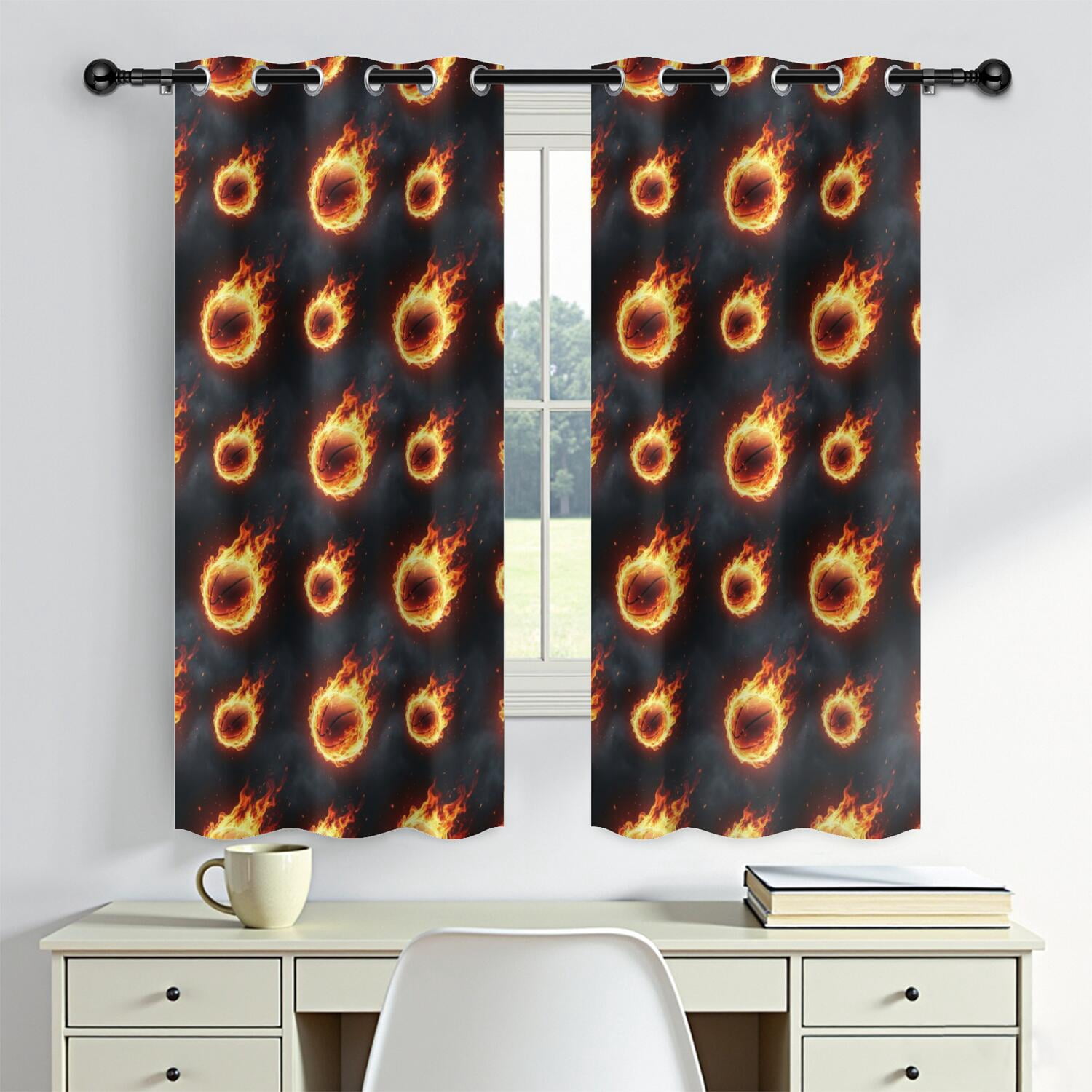 Basketball and Flame Black Pattern Blackout Curtains,Triple Weaved ...