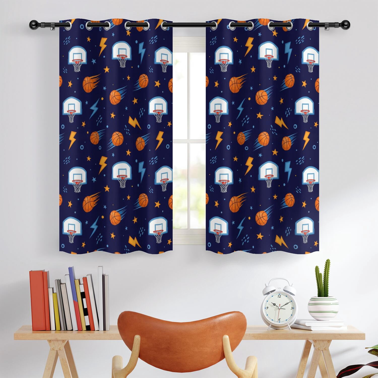 Basketball and Hoop Navy Pattern Blackout Curtains,Triple Weaved Fabric ...