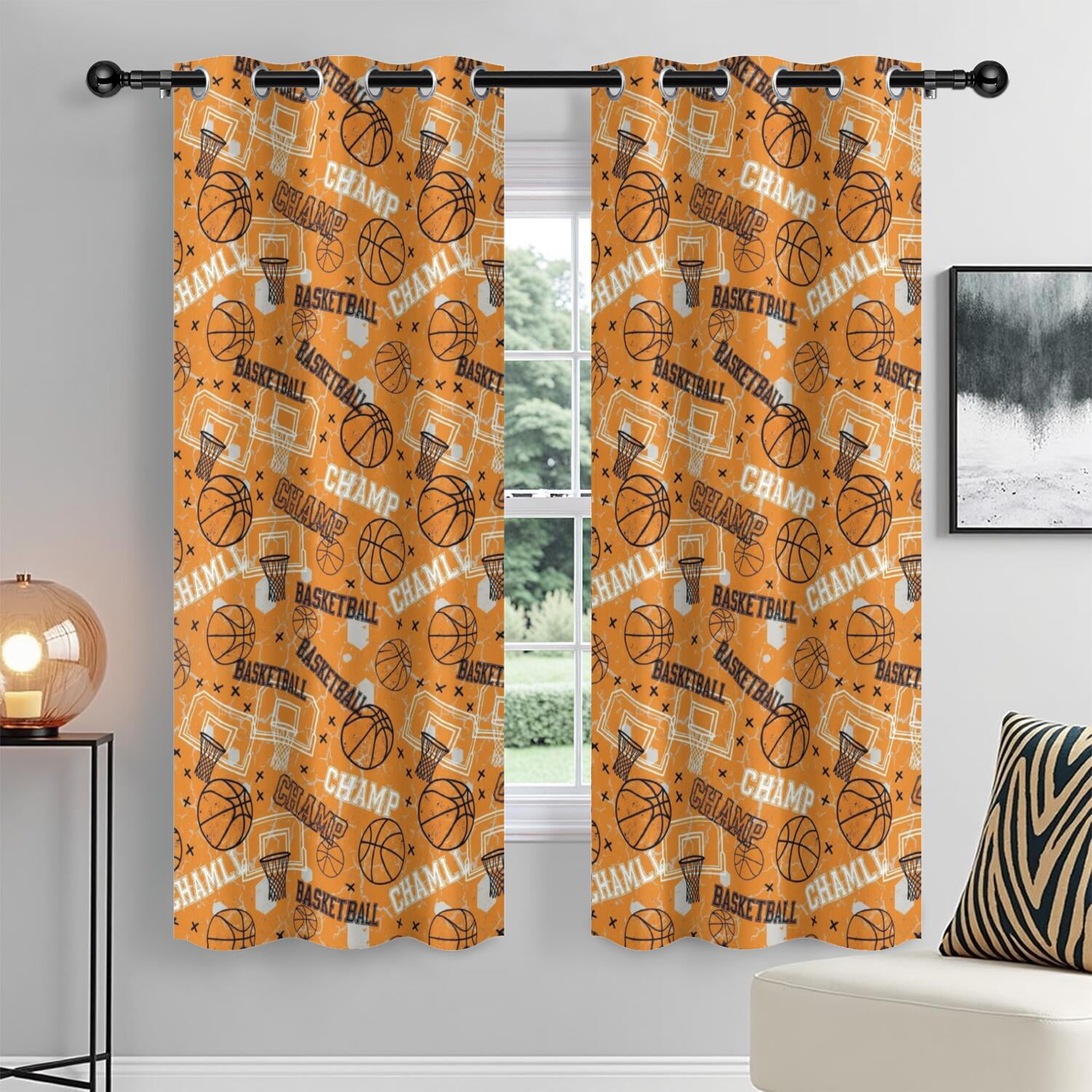 Basketball and Hoop Orange Pattern Blackout Curtains,Triple Weaved ...