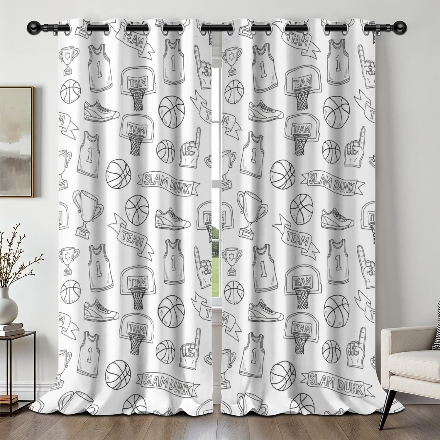 Basketball and Hoop White Pattern Blackout Curtains,Triple Weaved ...