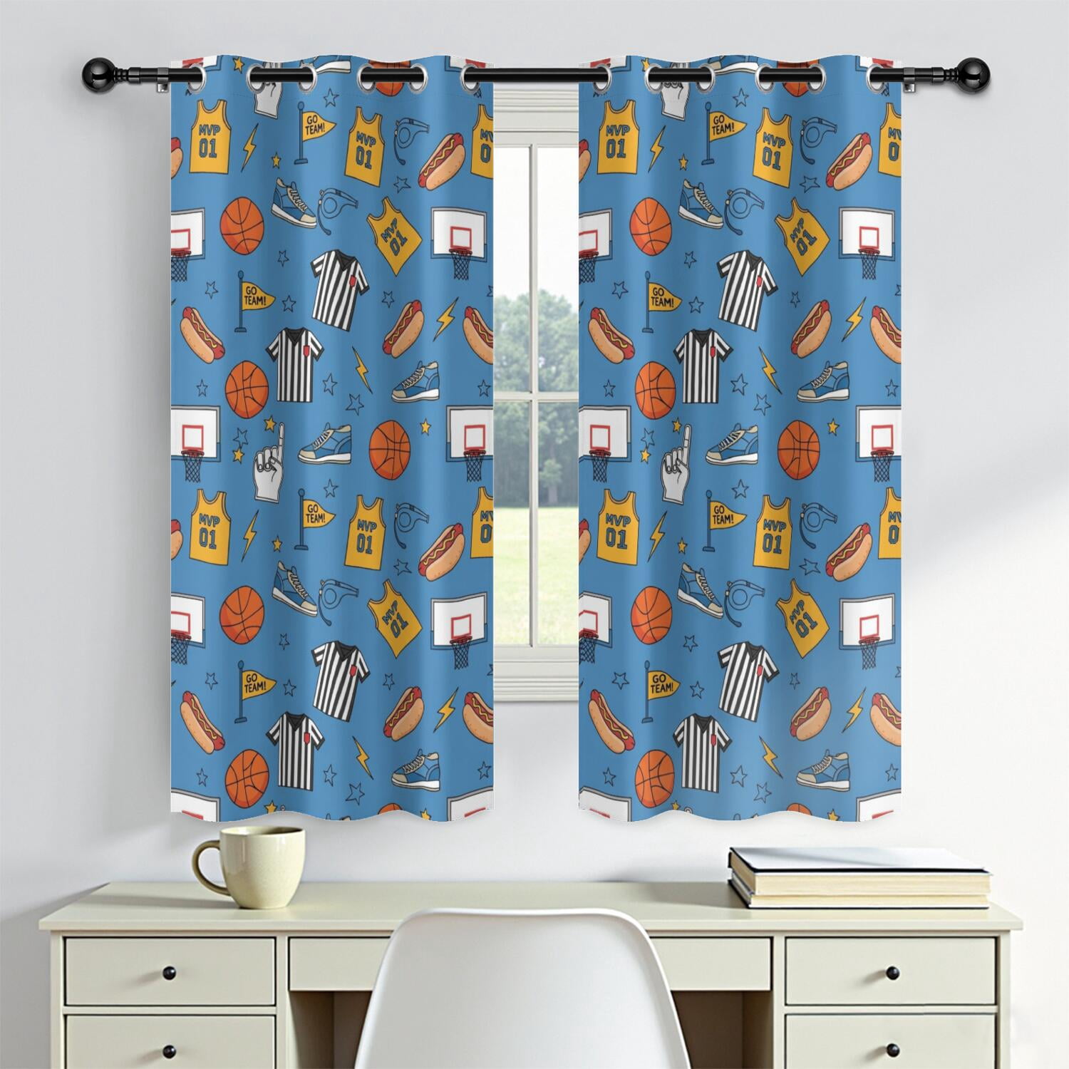 Basketball and Jersey Blue Pattern Blackout Curtains,Triple Weaved ...