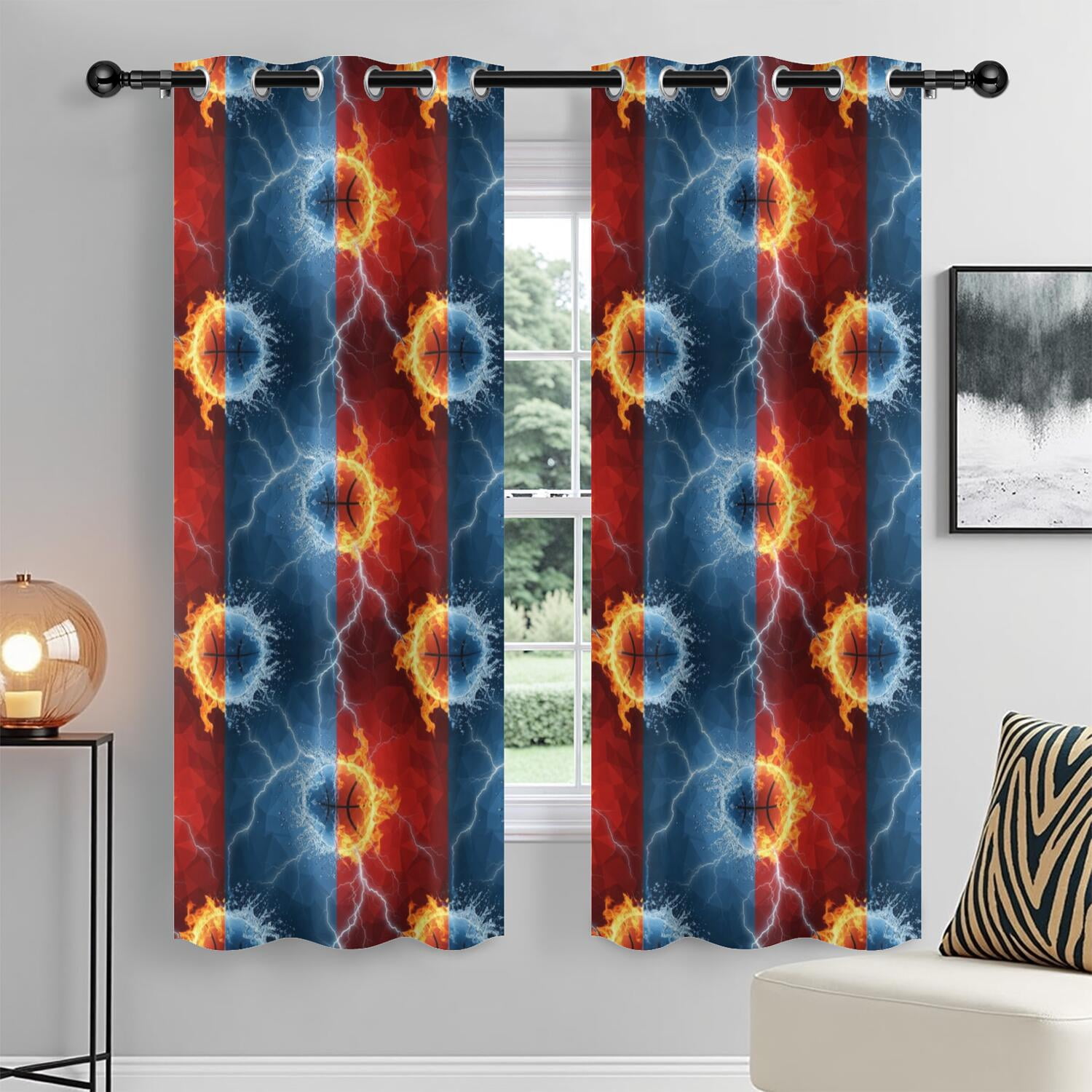 Basketball and Lightning Red Pattern Blackout Curtains,Triple Weaved ...