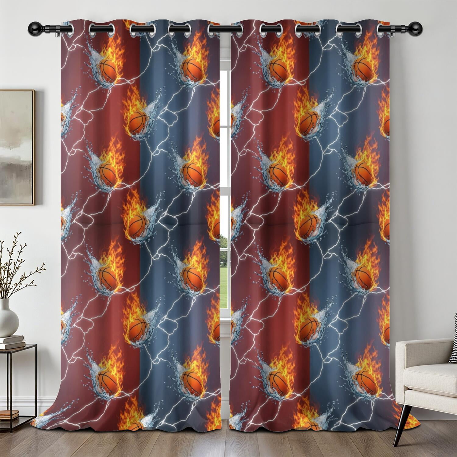 Basketball and Lightning Red Pattern Blackout Curtains,Triple Weaved ...