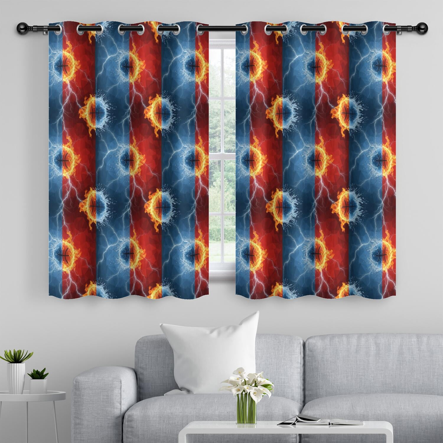 Basketball and Lightning Red Pattern Blackout Curtains,Triple Weaved ...