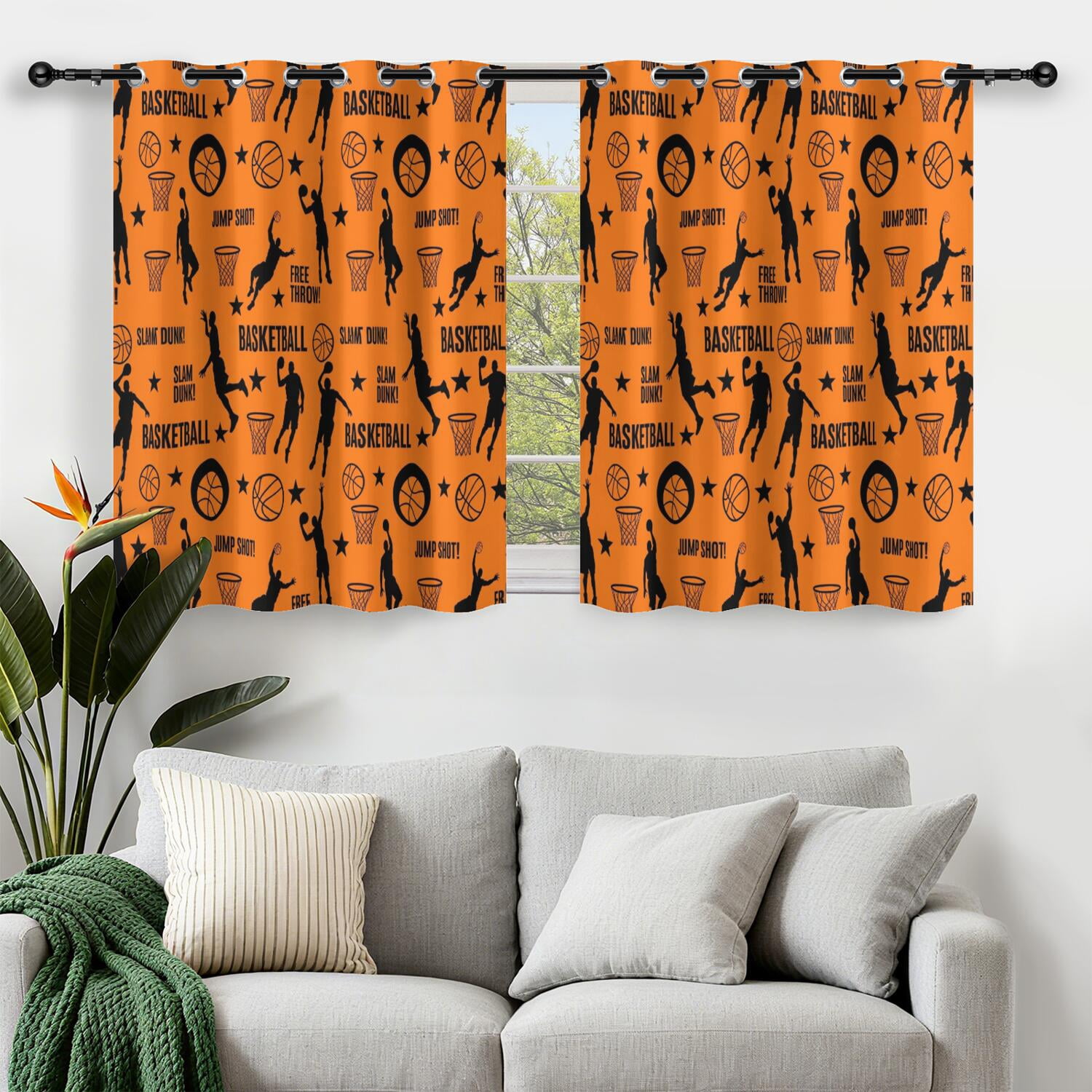 Basketball and Silhouette Orange Blackout Curtains,Triple Weaved Fabric ...