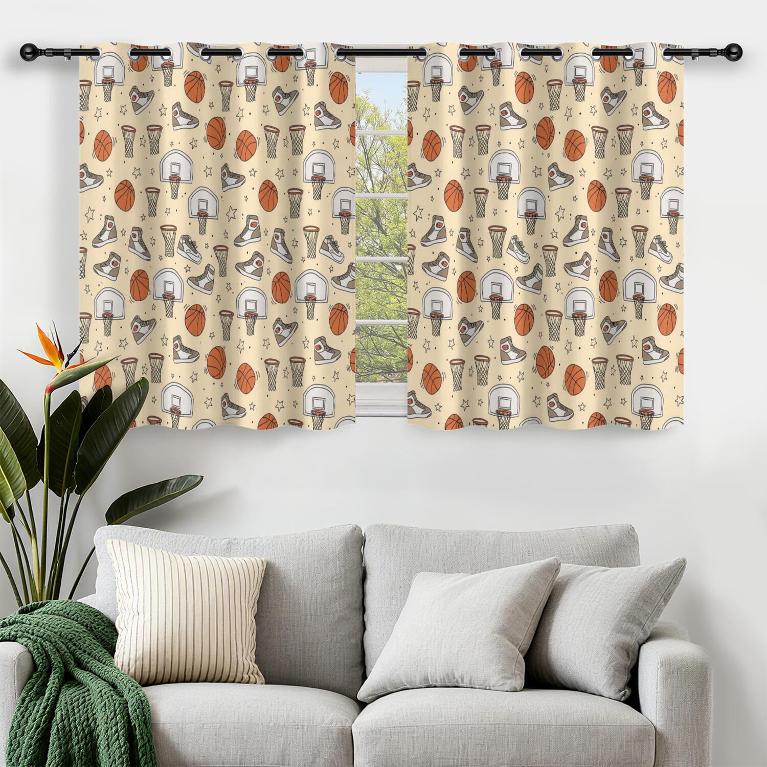 Basketball and Sneaker Beige Pattern Blackout Curtains,Triple Weaved ...