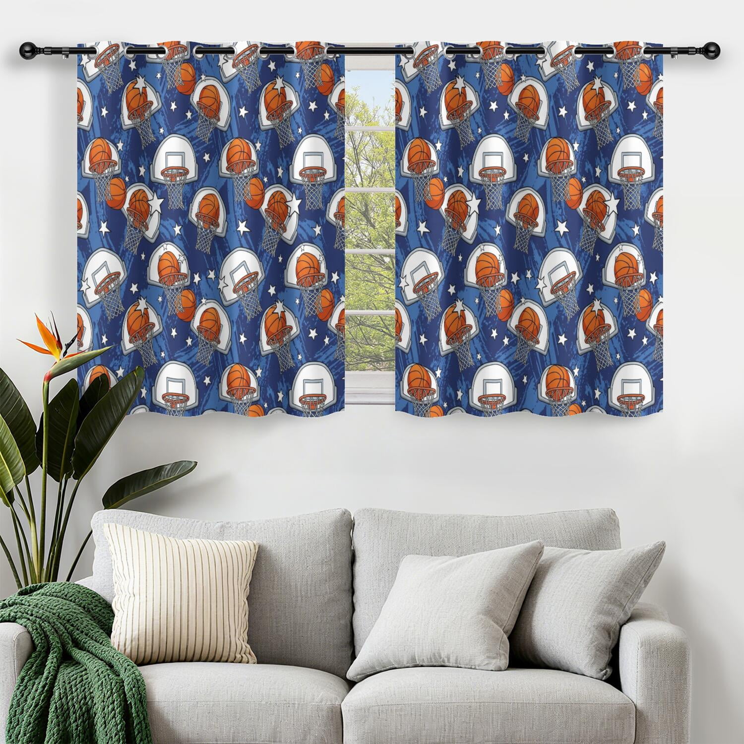 Basketball and Star Blue Pattern Blackout Curtains,Triple Weaved Fabric ...