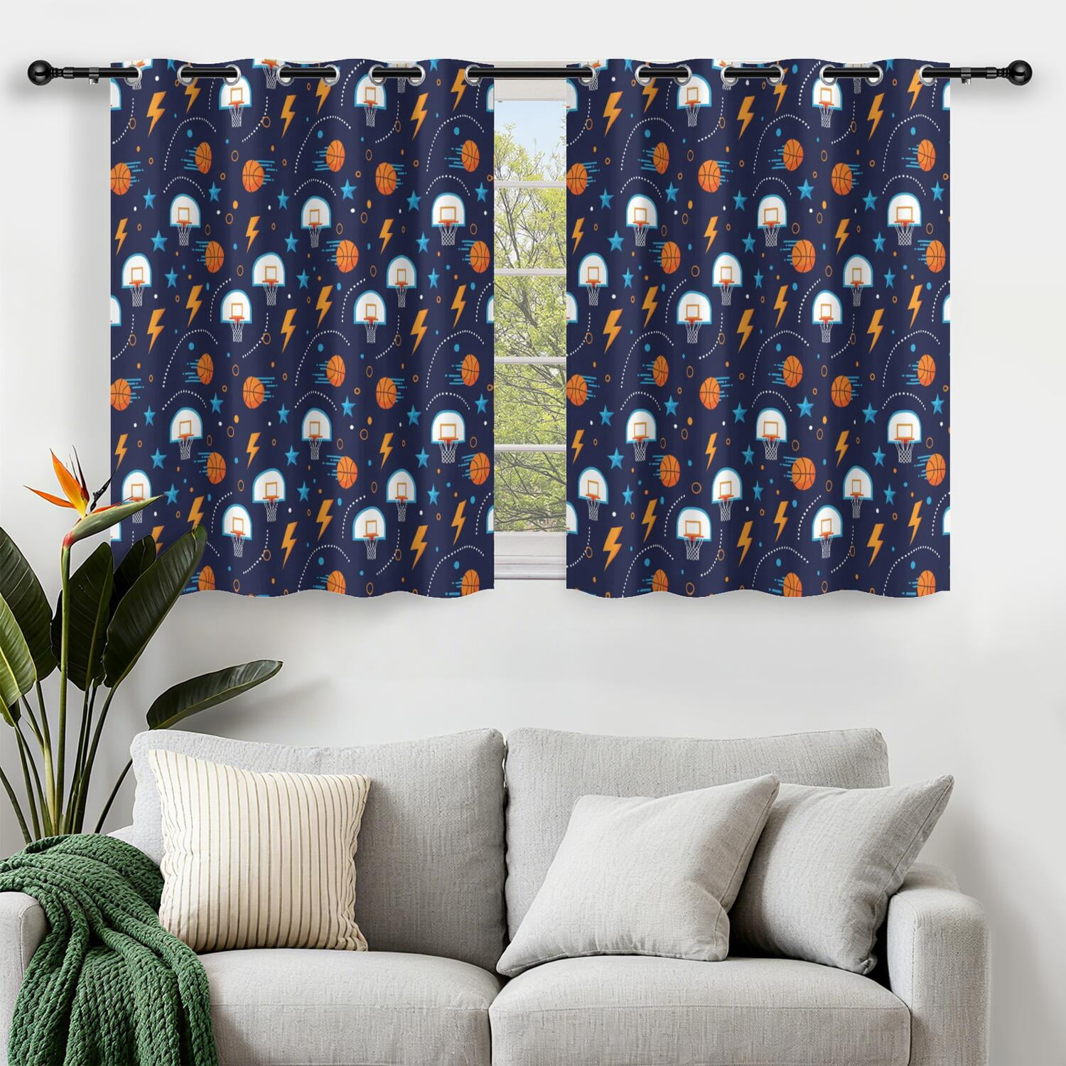 Basketball and Star Navy Pattern Blackout Curtains,Triple Weaved Fabric ...