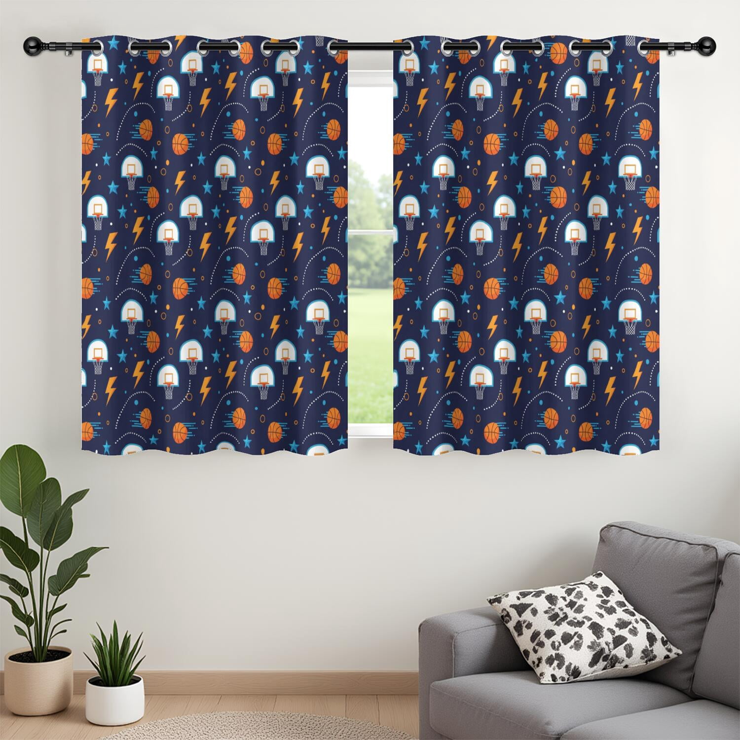 Basketball and Star Navy Pattern Blackout Curtains,Triple Weaved Fabric ...