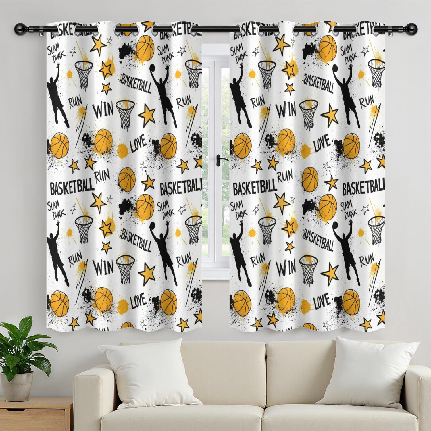Basketball and Star White Pattern Blackout Curtains,Triple Weaved ...