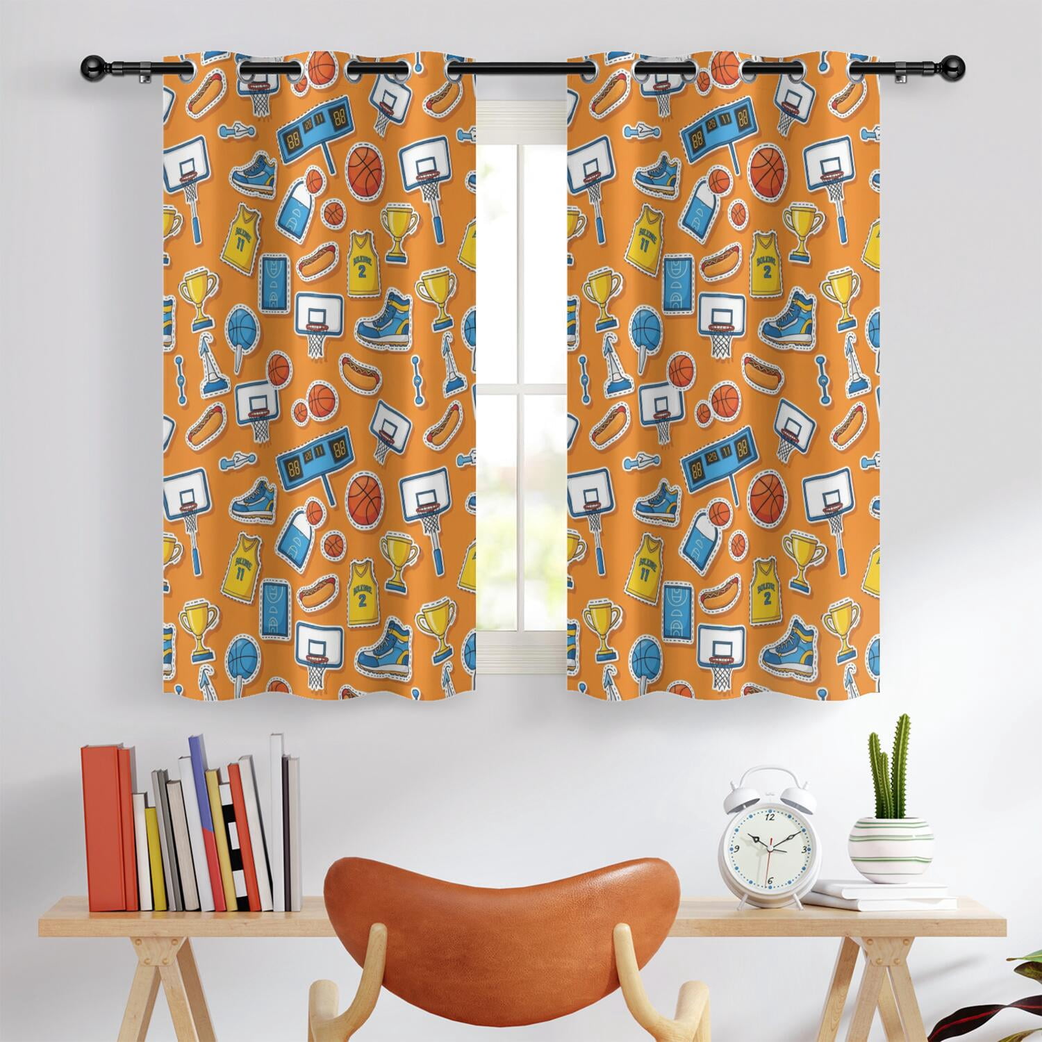 Basketball and Trophy Orange Pattern Blackout Curtains,Triple Weaved ...