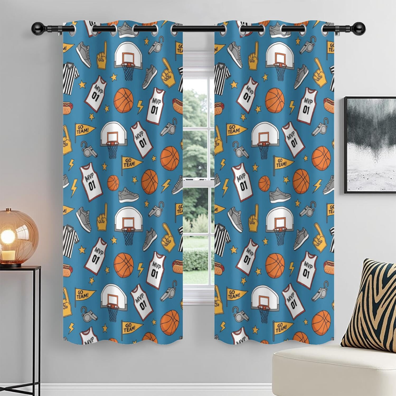 Basketball and Whistle Blue Pattern Blackout Curtains,Triple Weaved ...
