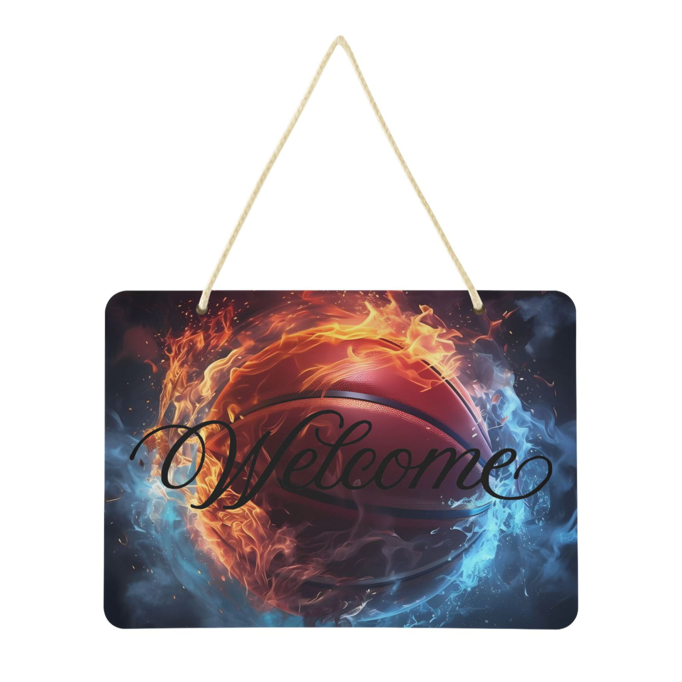 Basketball with Fire Welcome Sign Front Door PVC 14x10 inch Hanger ...