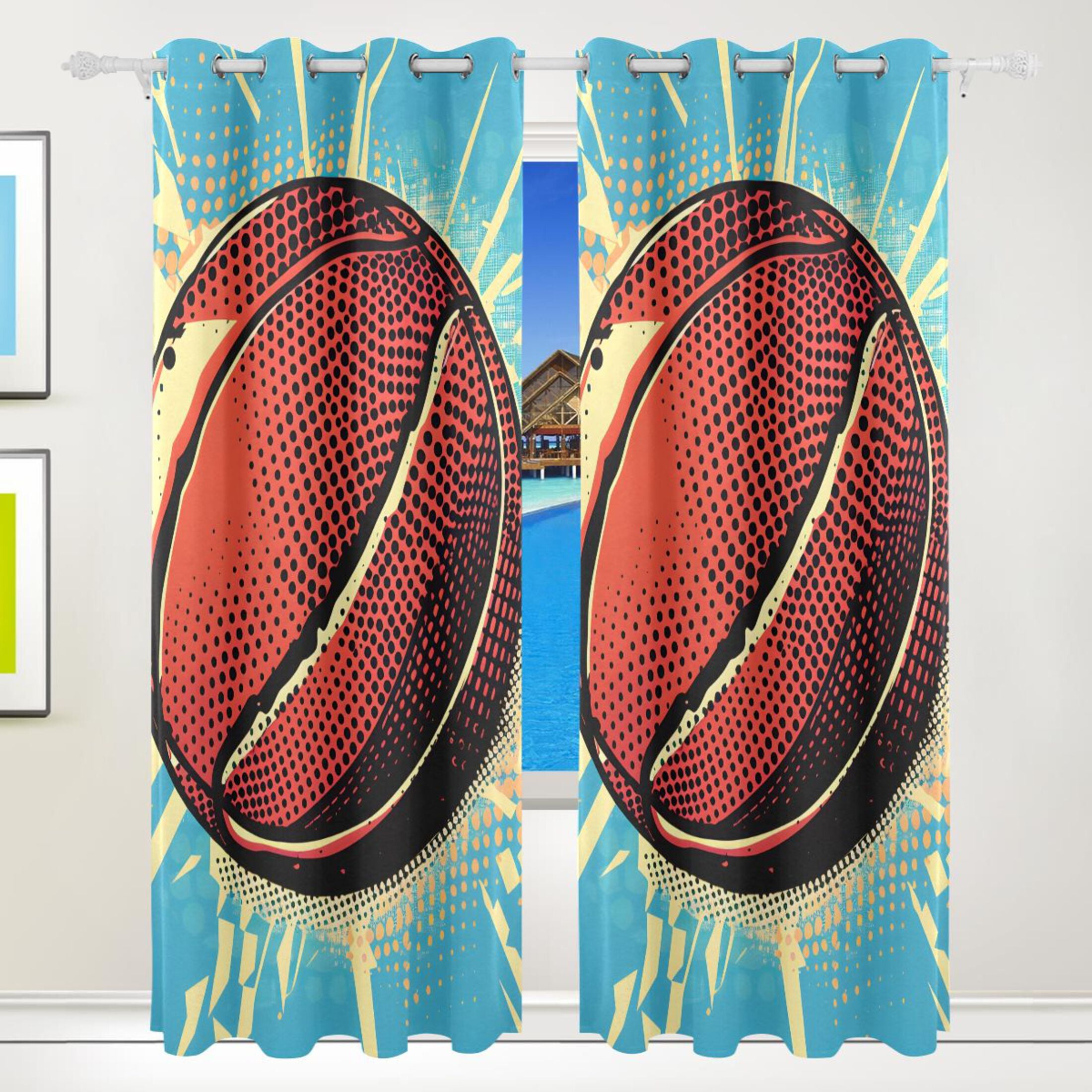 Basketball with Halftone Dots Blackout Curtains 84 inch Length 2 Panels ...