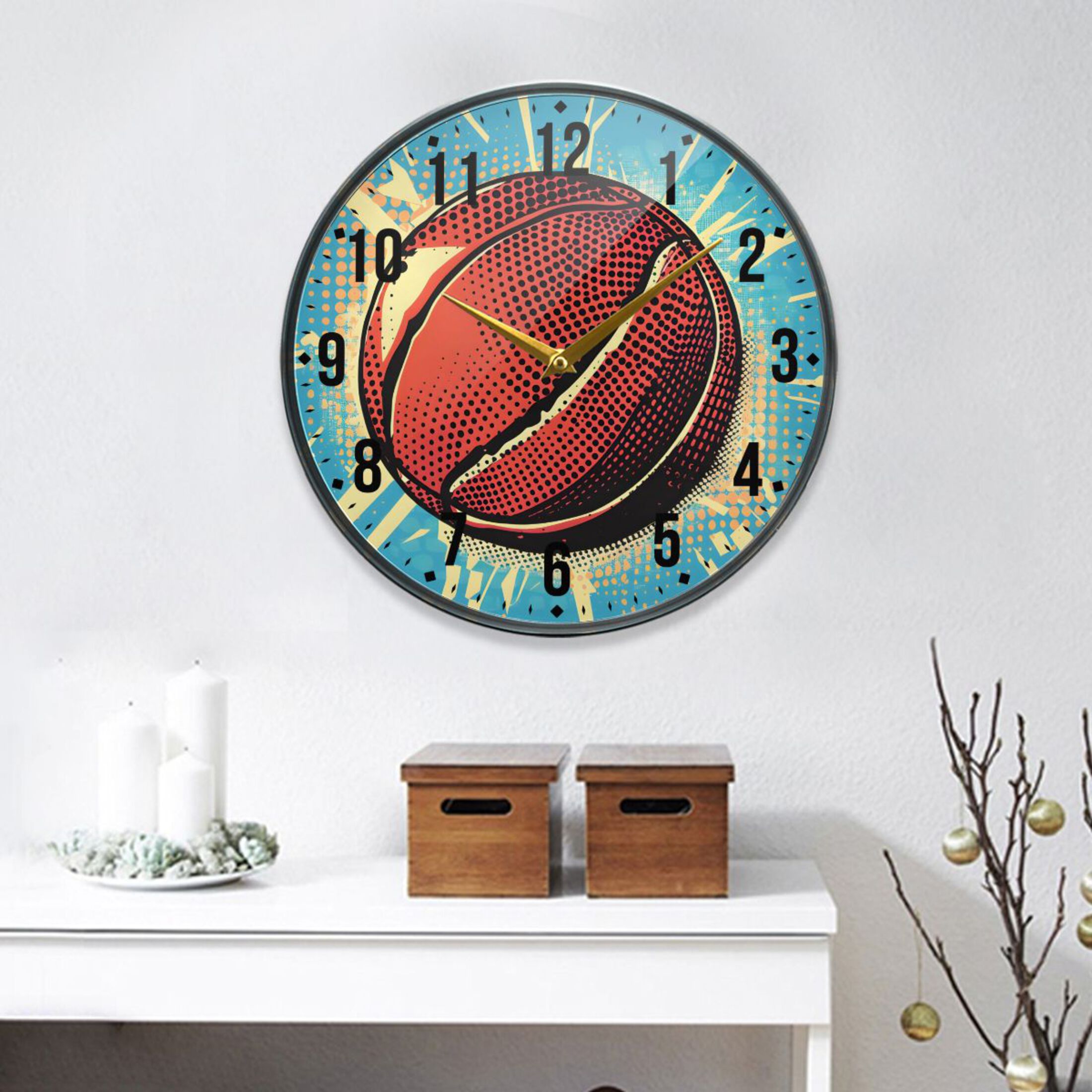 Basketball with Halftone Dots Round Wall Clock 12 Inch Non-Ticking ...