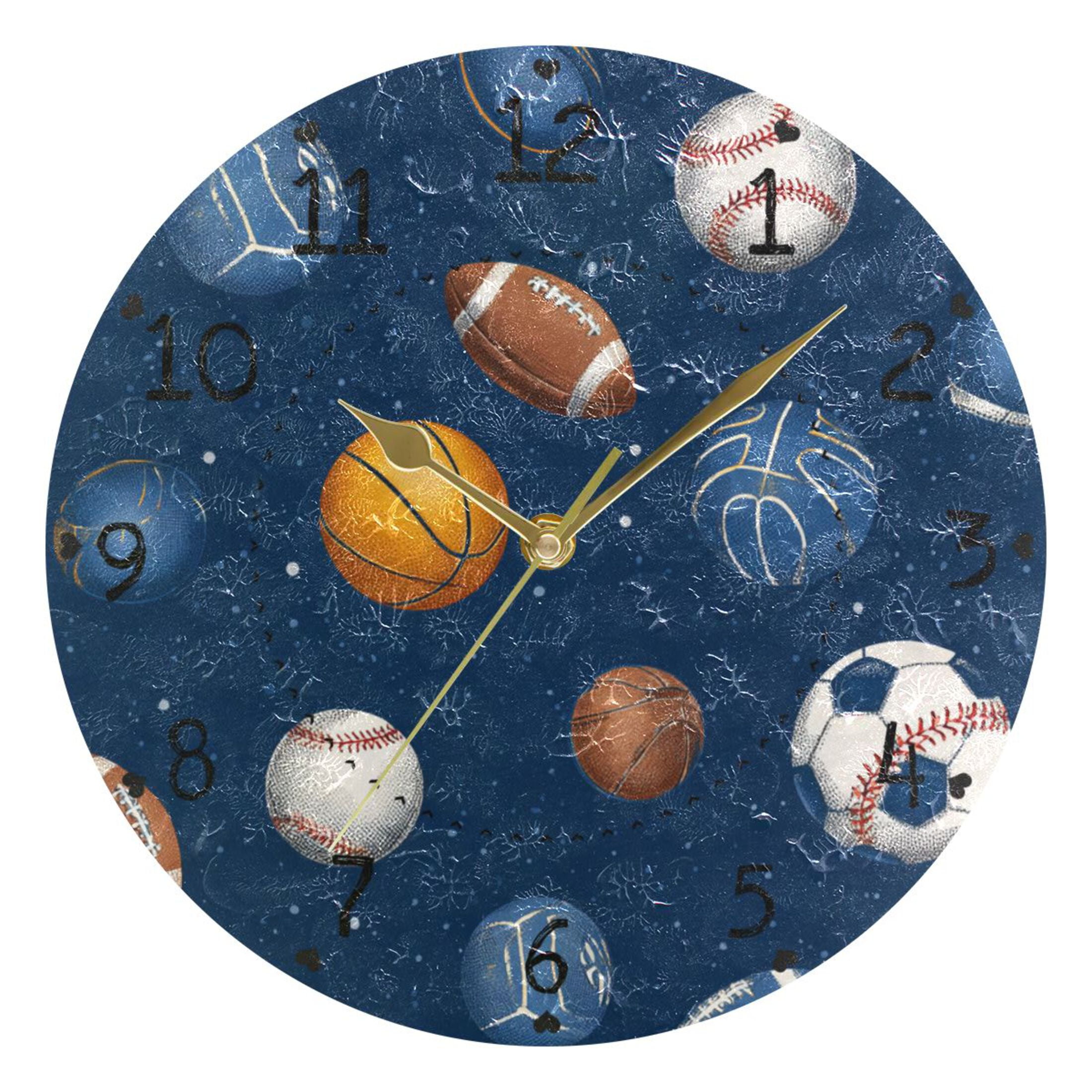 Basketballs Footballs Rugby Baseballs Sports Round Wall Clock Silent ...