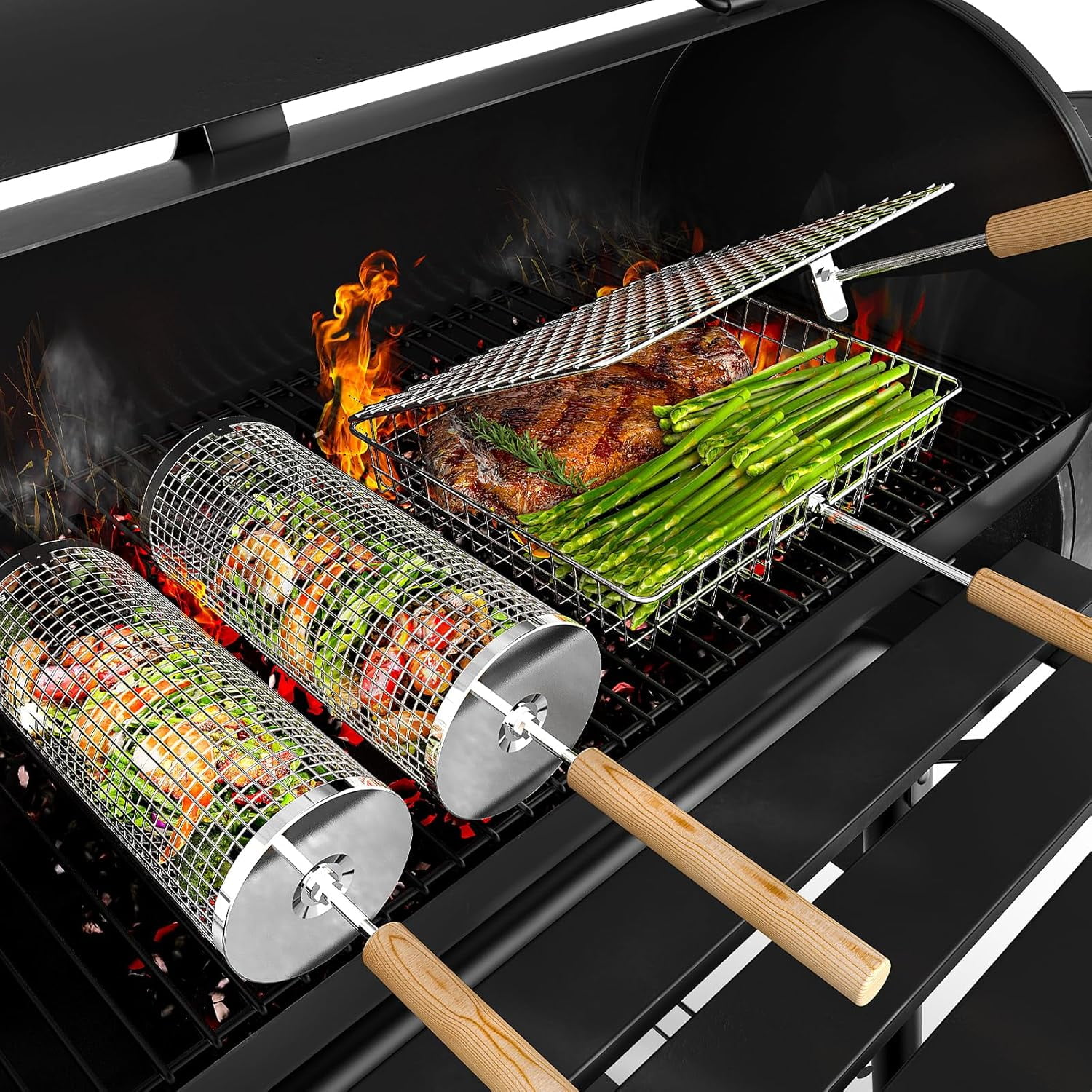 Baskets (1 + 2), Removable Wooden Handle, 304 Stainless Steel, Rolling ...