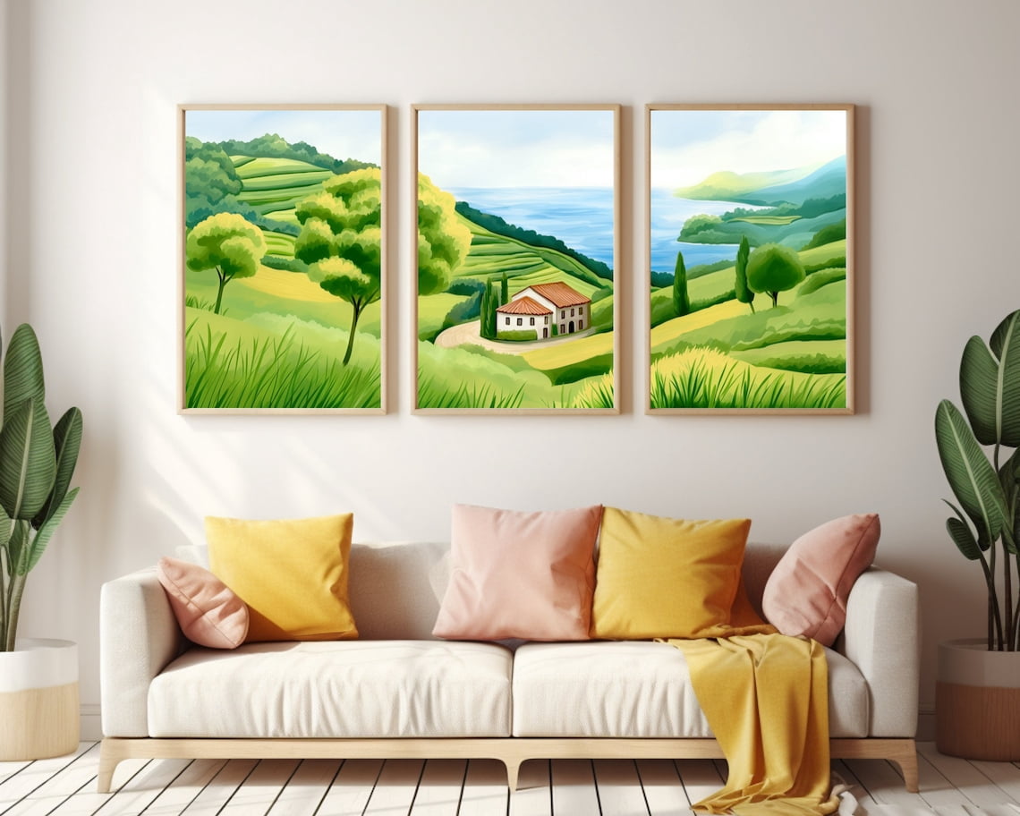 Basque Country Spanish Countryside Green Hills Art Coastal Landscape ...