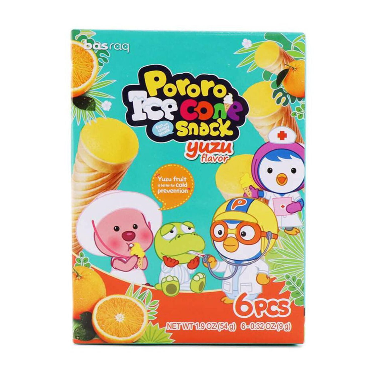 Basraq Pororo Ice Cone Snack Yuzu Flavor 6 Pcs 1.9oz (54g) Korean Snack ...