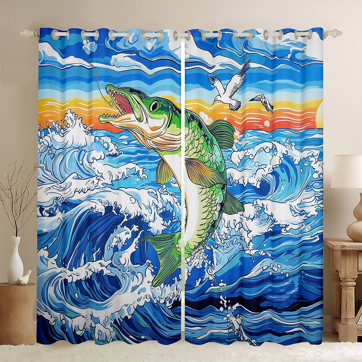 Bass Fish 2 Panels,(42Wx63L) 30%-50% Blackout Curtains Farmhouse ...