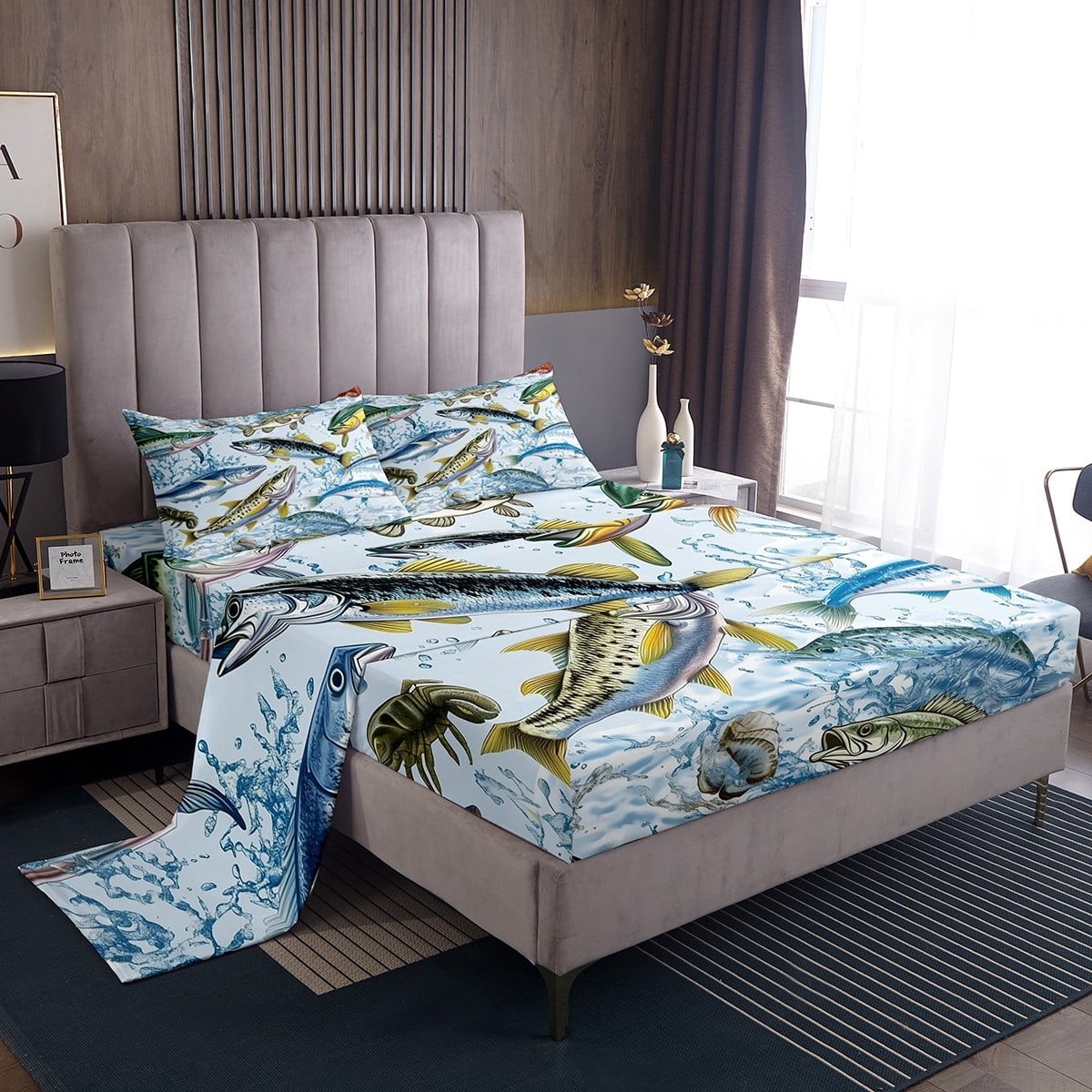 Bass Fish Bed Sheets Queen Size,Fishing Hunting Bedding Set 4Pcs for ...