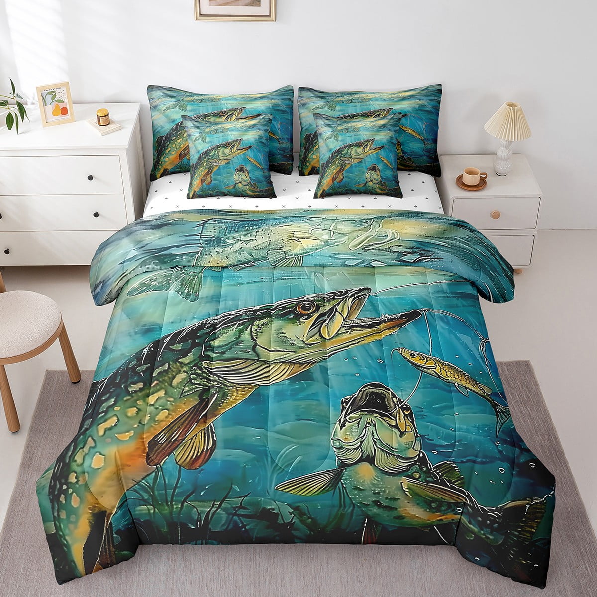 Bass Fish Bedding King Size 7pcs Pike Fish Comforter Set,Wild Animal ...