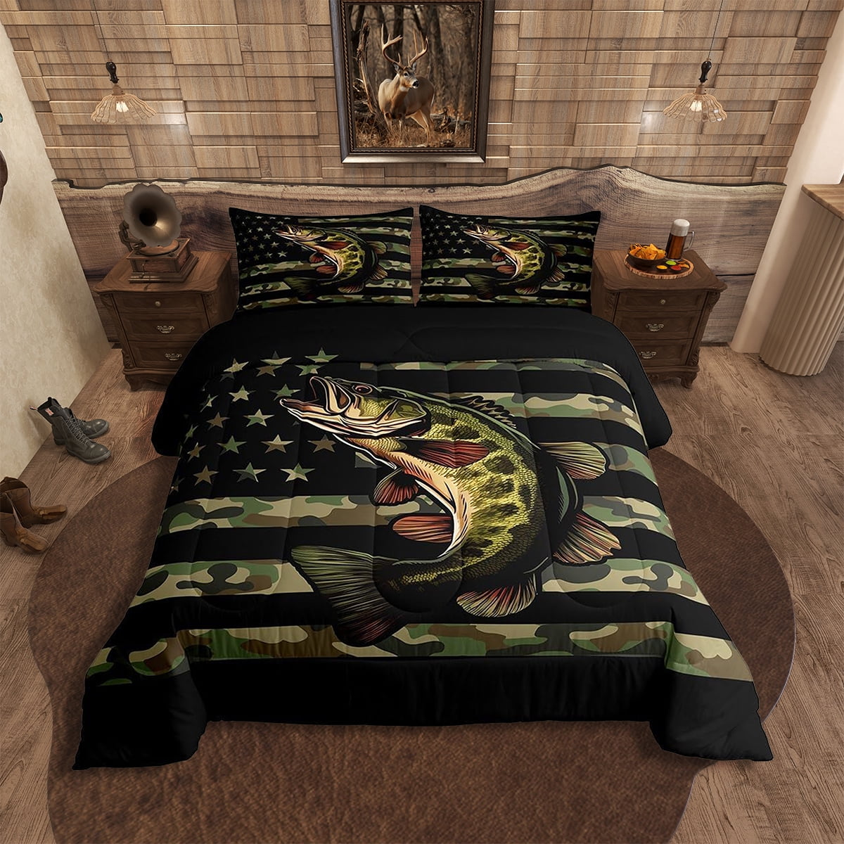 Bass Fish Camouflage Queen Size Comforter Set Farmhouse Fishing Bedding ...