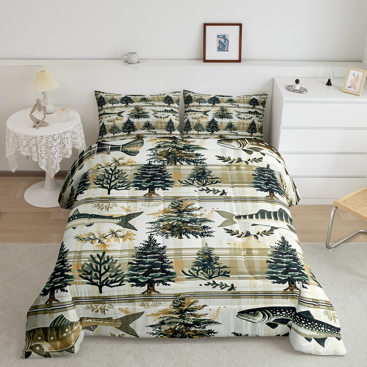 Bass Fish Comforter Set,Pine Tree Jungle Bedding Set 2Pcs Adult Room ...