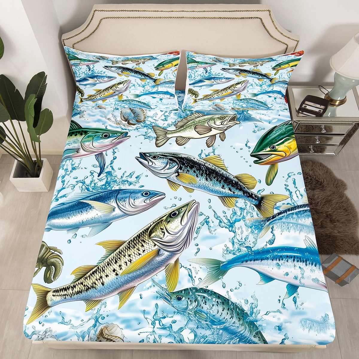 Bass Fish Fitted Sheet Full Size,Fishing Hunting Bedding Set 3Pcs Teens ...