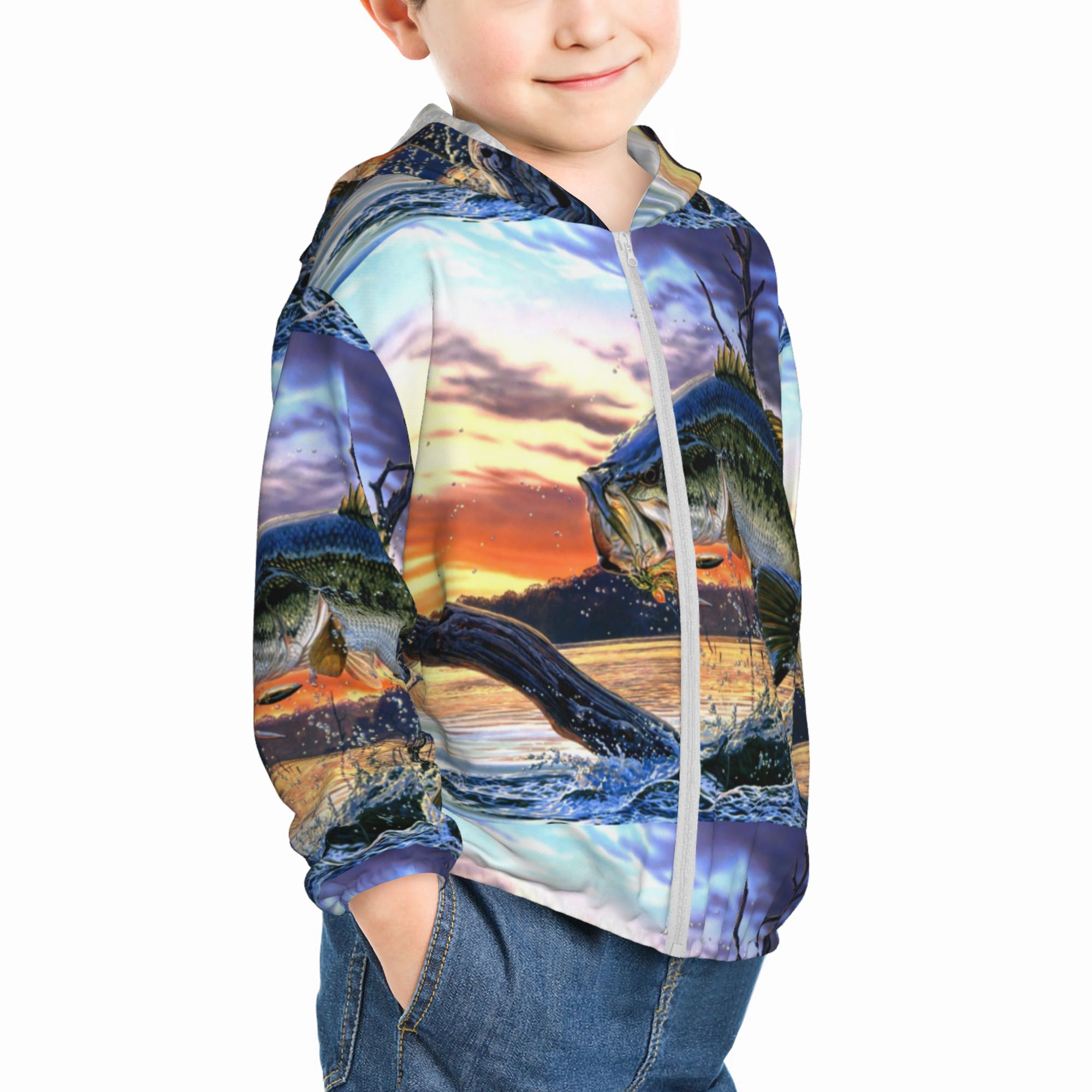 Bass Fish Jumping Kids Zip-Up Hoodie Girls Boys Sun Protection Jacket Hooded Cooling Shirt ...