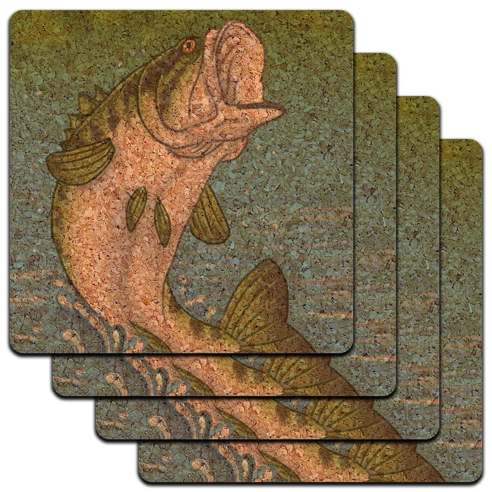 Bass Fish Jumping out of Water Fishing Low Profile Cork Coaster Set ...